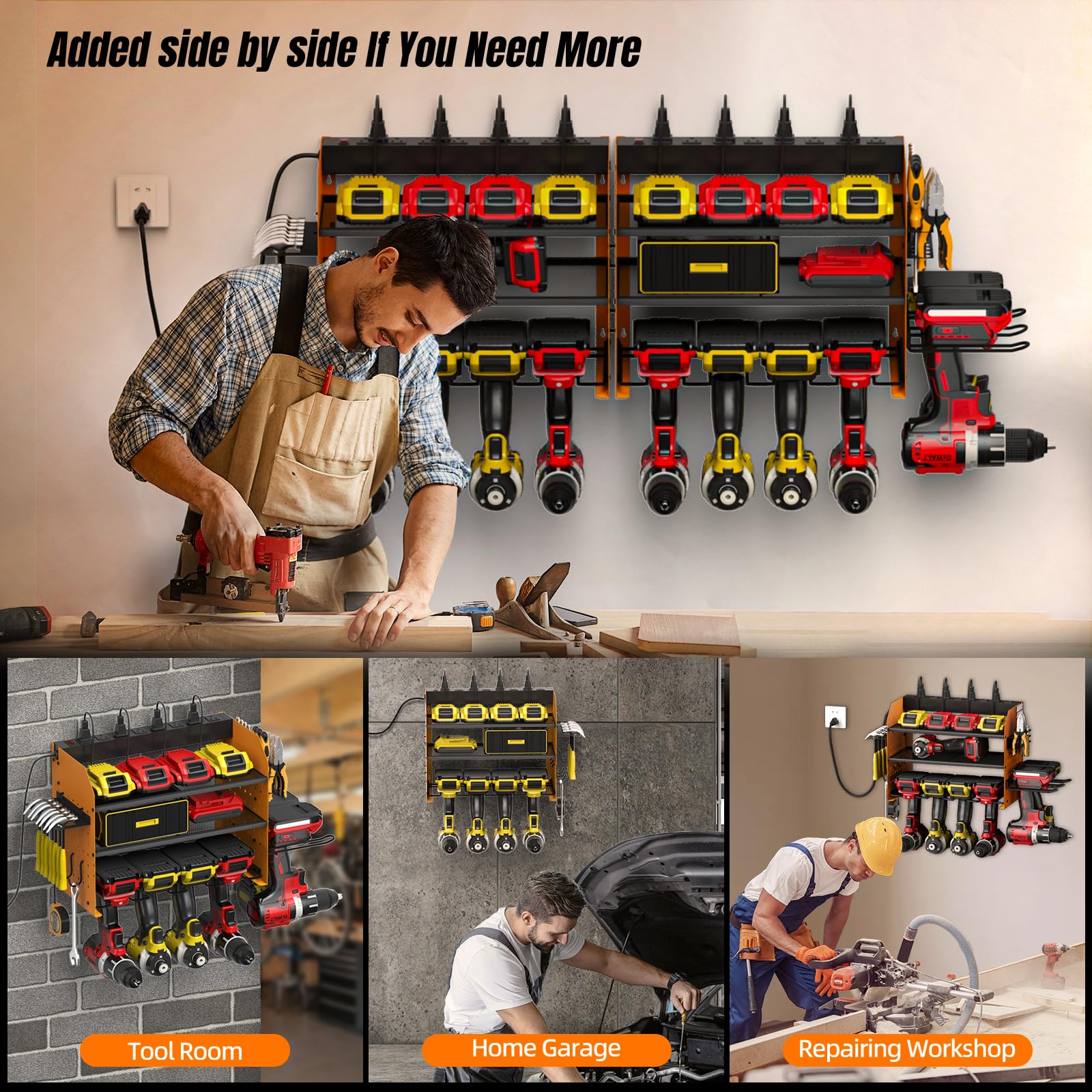 Power Tool Organizer Wall Mount with Charging Station, Utility Racks with Drill Holder for Garage Organization, Tool Shelf with Hooks, Screwdriver/Plier/Hammer/Drill Bit Holder, 8 Outlet Power Strip