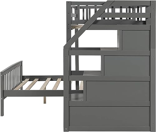 Harper & Bright Designs Twin Over Full Bunk Beds with Storage Stairs, Wooden Stairway Bunk Beds with Removable Bottom Bed and Guardrails for Kids Girls Boys,No Box Spring Needed (Grey)