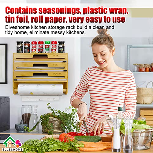Foil and Plastic Wrap Organizer, Paper Towel Holder Wall Mount, 5 in 1 Plastic Wrap Food Dispenser with Cutter for 12" Wax Paper Parchment Roll Aluminum Foil Dispenser for Kitchen Organization Storage