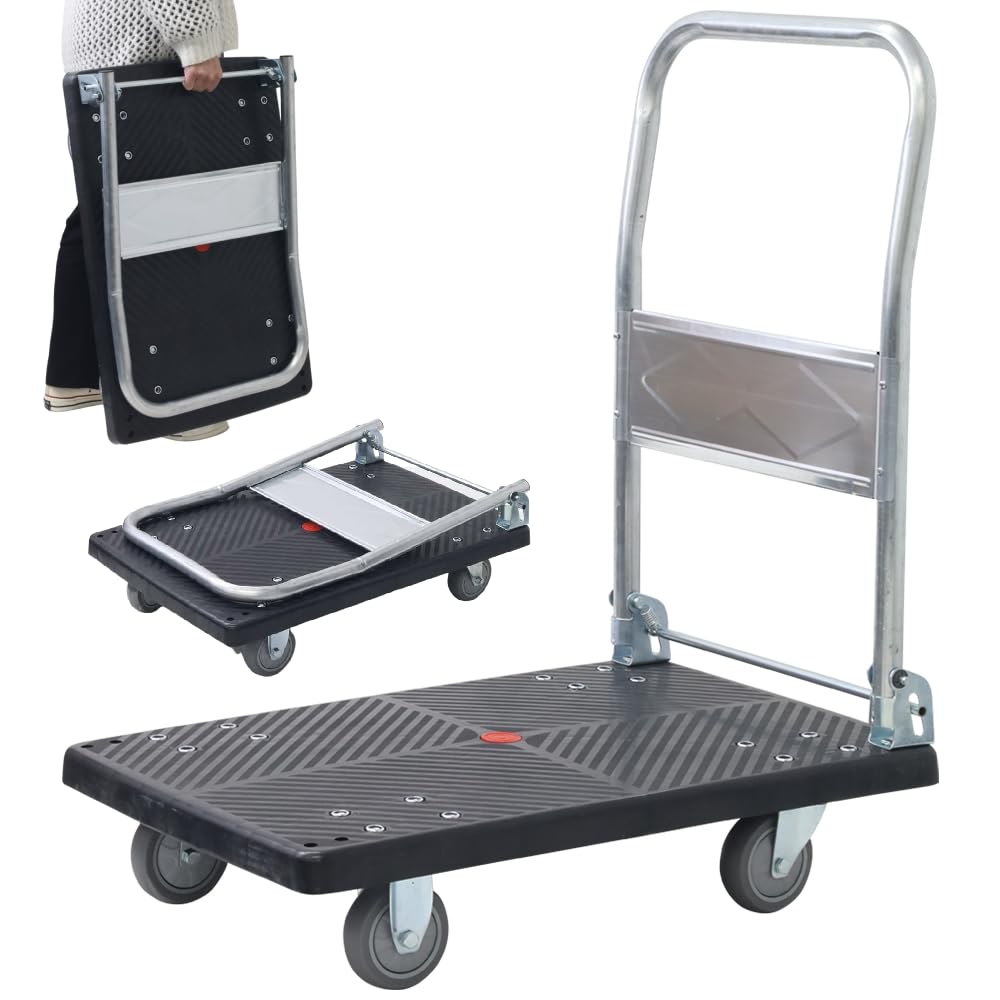 Japard Push Cart Dolly 660lbs Foldable Heavy Duty, Moving Utility Platform Hand Truck with Wheels 360 Degree Swivel, 18.8"x28.3"x33", Black