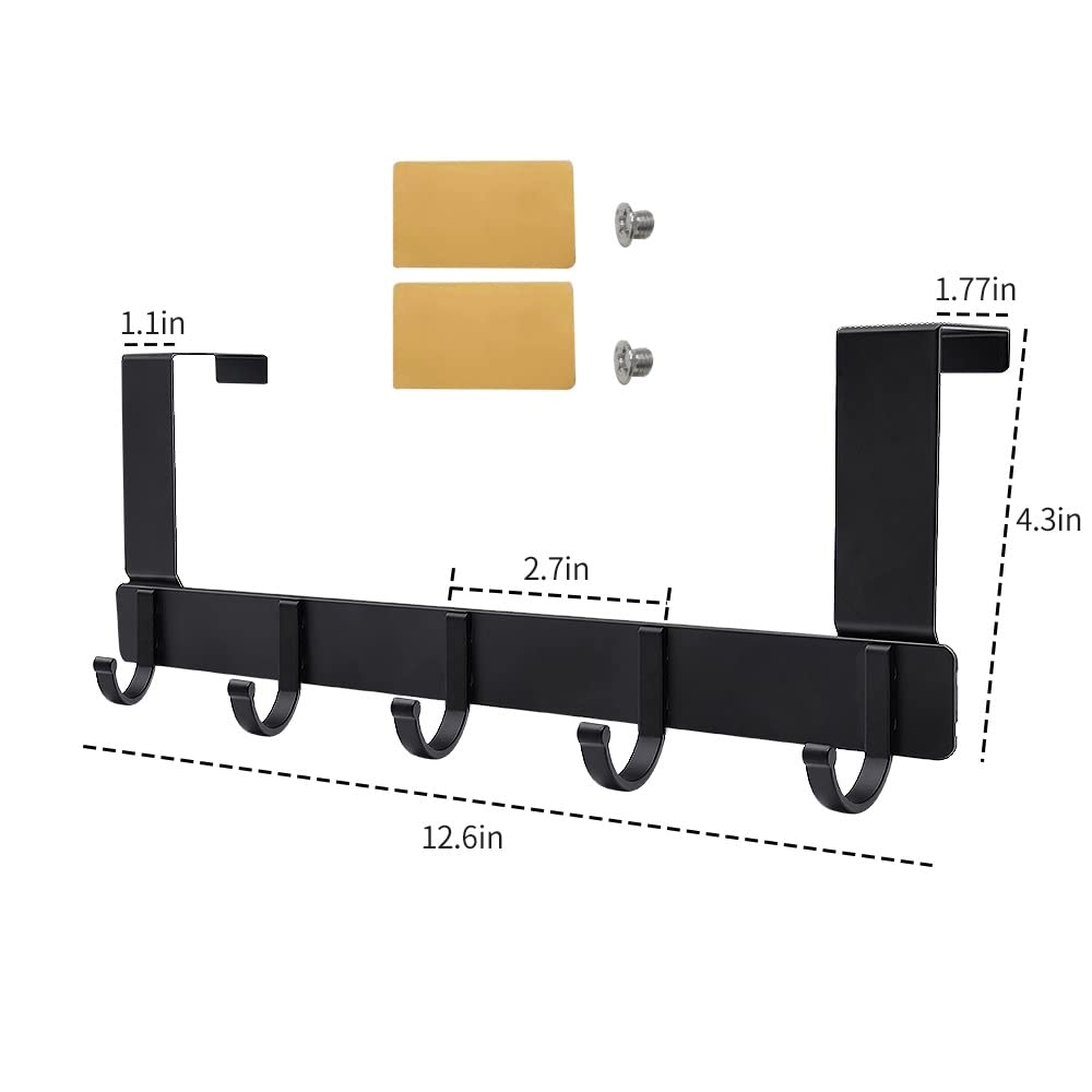 AYQWE Over The Door Hook, 5 Hooks Heavy-Duty Over Door Hanger, Space Saving Over Door Organizer Rack for Hanging Coat, Towel, Bag, Robe, Aluminum (1pcs Short Black)