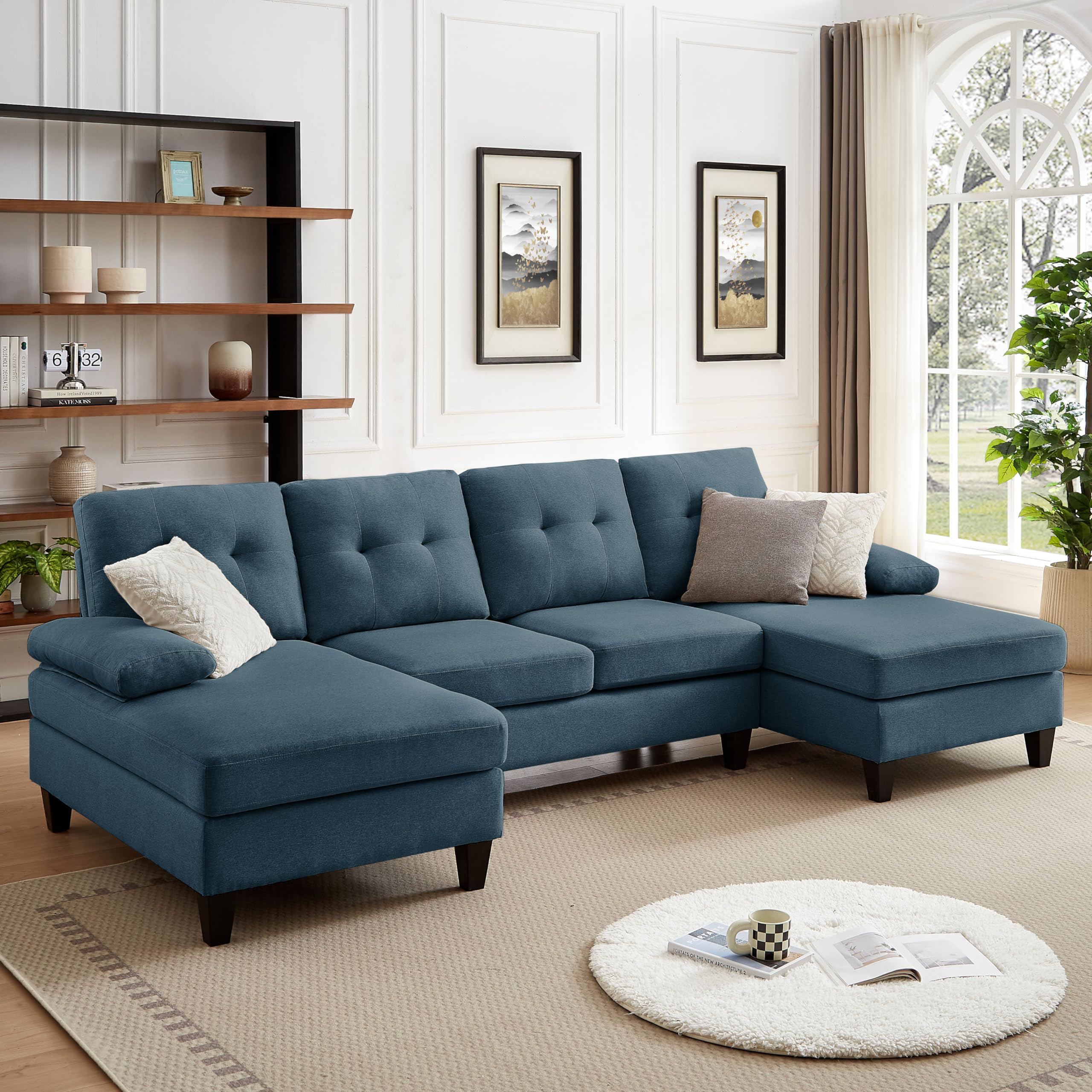 Chireca 111" Sectional Couch for Living Room, Modern Polyester Fibre U Shaped Sofa Couches with Double Chaise, Upholstered 4 Seater Sofa for Living Room, Apartment, Office, Dark Green