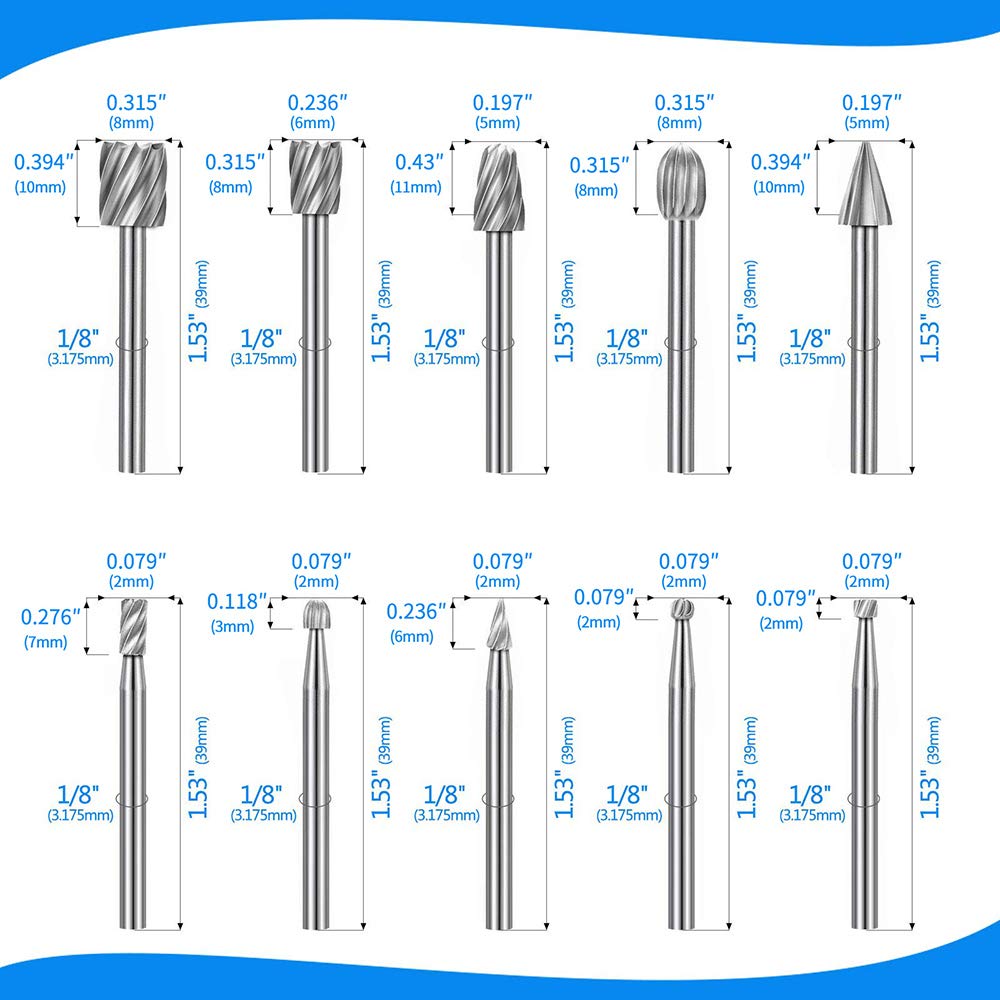 Carving Bits Wood Engraving Router Bit with 1/8"(3mm) Shank, 20Pcs HSS Different Burr Set to Meet Your Different Needs, Durable Rotary Tools Accessories for DIY Woodworking, Carving