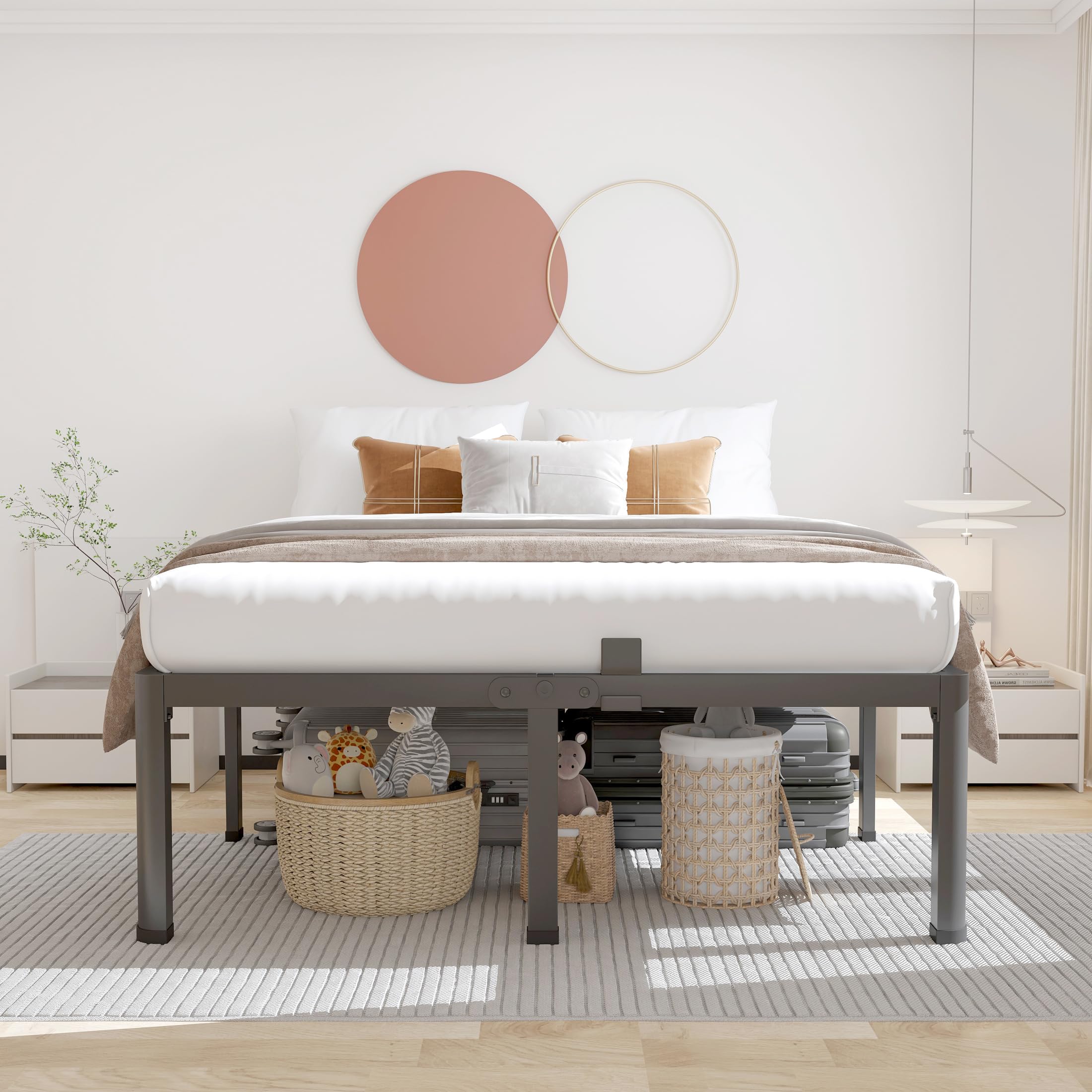 ROIL 18 inch Metal Full Bed Frame with Rounded Corner and Headboard Hole Mattress Retainers 3500LBS Heavy Duty Steel Slats No Box Spring Needed Platform Noise-Free Easy Assembly