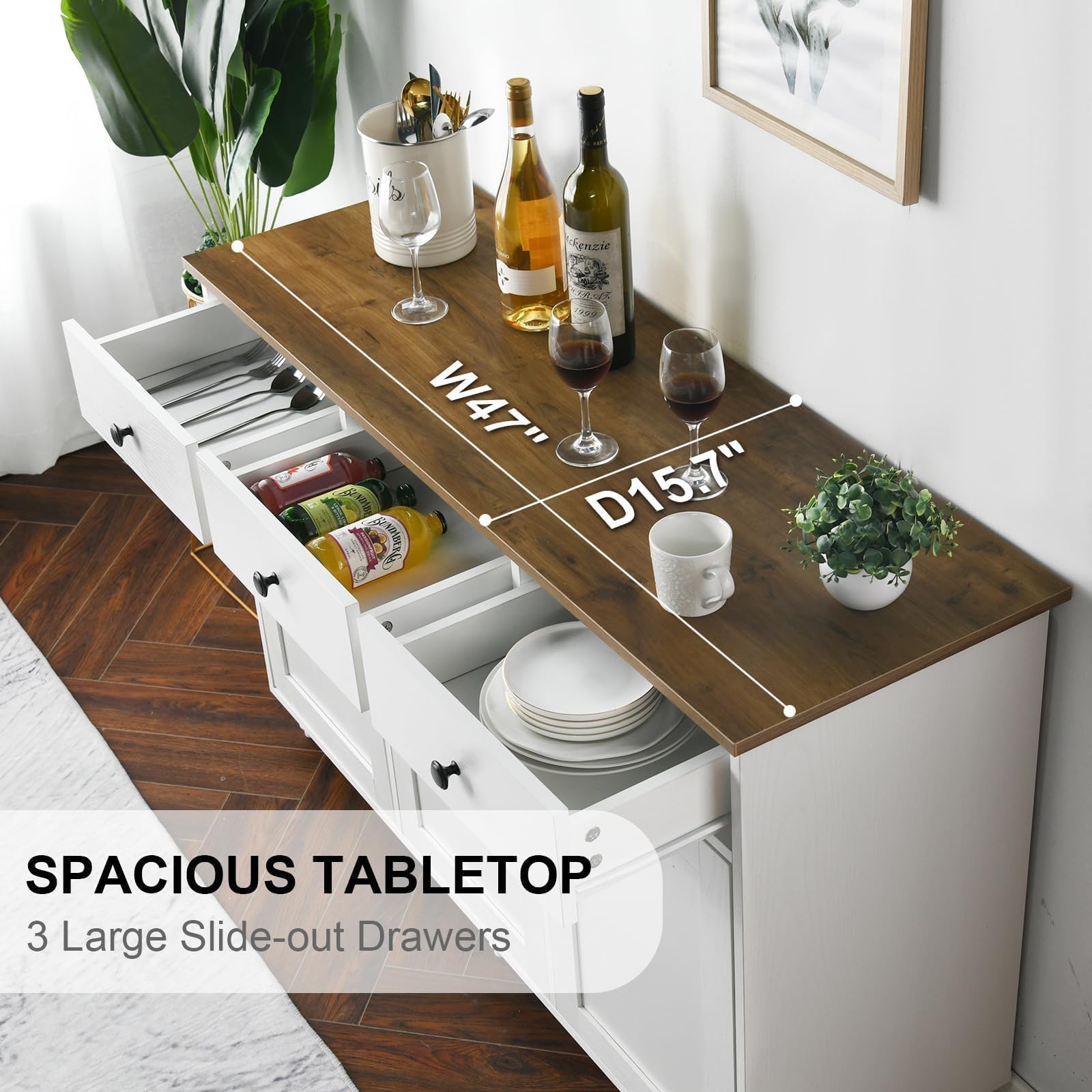 Buffet Cabinet with Storage, 47" Sideboard Buffet Cabinet with 3 Drawers and 3 Doors, Modern Farmhouse Kitchen buffet storage cabinet, Wood Buffet Table for Kitchen, Dining Room, Living Room, White