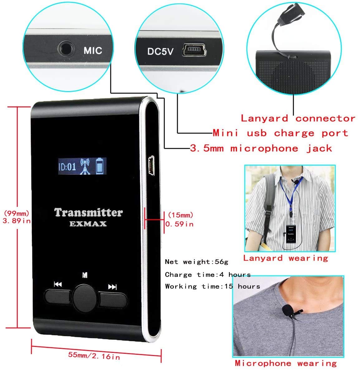 EXMAX Portable Interpreting Solutions ATG-100T 195MHz for Court Interpreters for Courthouses, Churches, International Conference(4 Transmitters and 60 Receivers + Aluminium Alloy Charge Case)