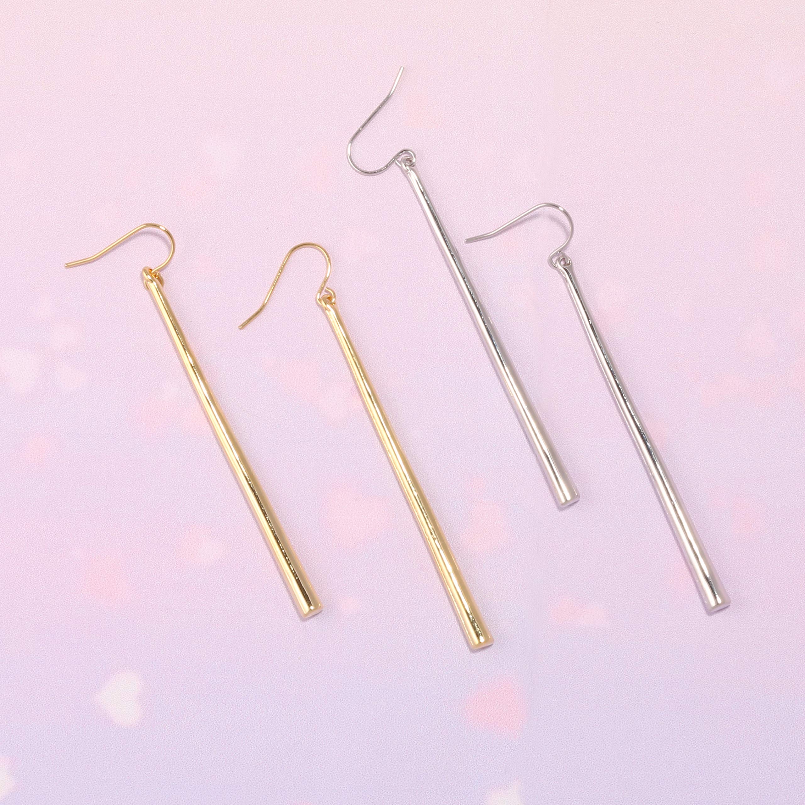 Bonaluna Long, Thin, Hammered, Shield Metal Bar Basic Dangle Drop Earrings for Women