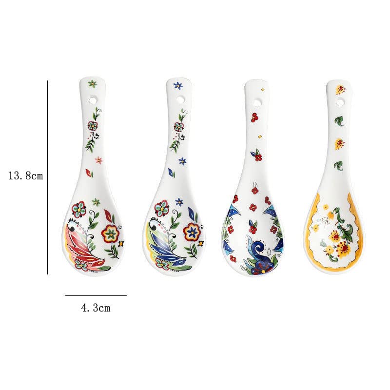 HonHeam Ceramic Soup Spoons Set, Bohemian Porcelain Rice Spoons, Colorful Glaze Flower Pattern Tableware Spoons Set of 4