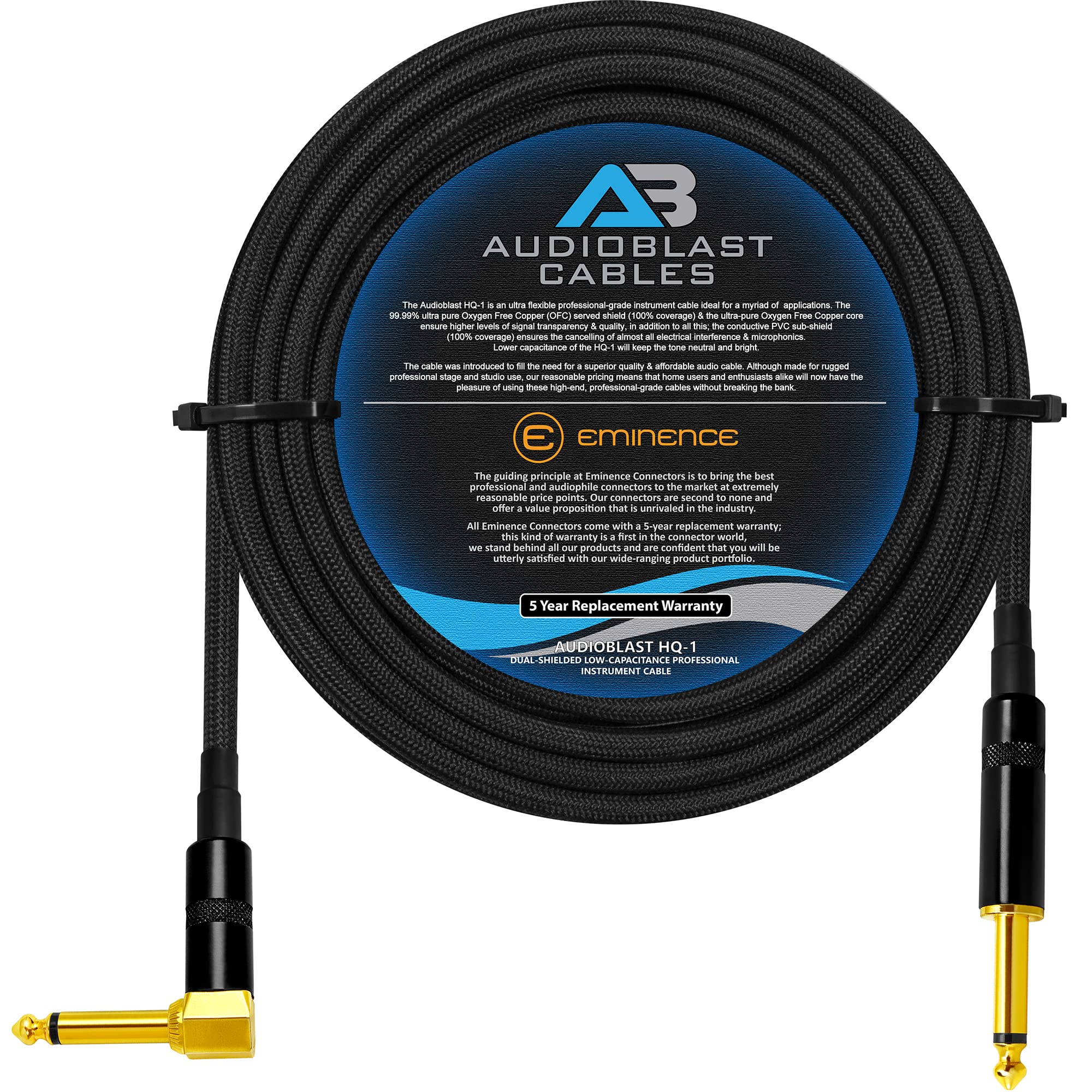 Audioblast - 30 Foot - HQ-1 - Braid (Black) Flexible-Dual Shielded(100%)-Guitar Instrument Effects Pedal Patch Cable w/Eminence Straight & Angled Gold ¼ inch (6.35mm) TS Plugs & Double Boots