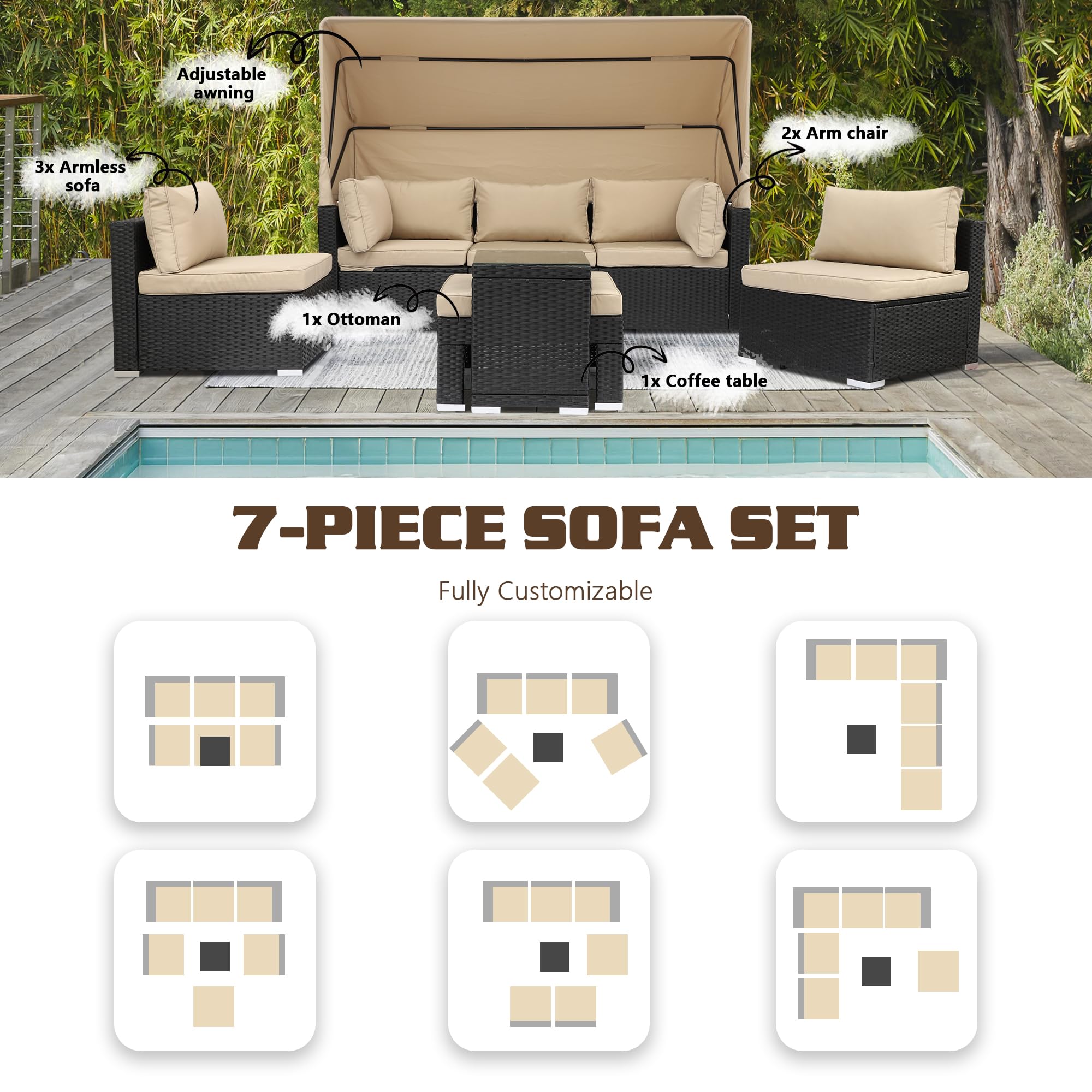 LETATA 7 Pieces Wicker Patio Furniture Sets, Rattan Daybed with Retractable Canopy, Outdoor Sectional Sofa Set with Adjustable Backrest, Chaise Chair Sunbed for Garden Poolside Backyard (Khaki)
