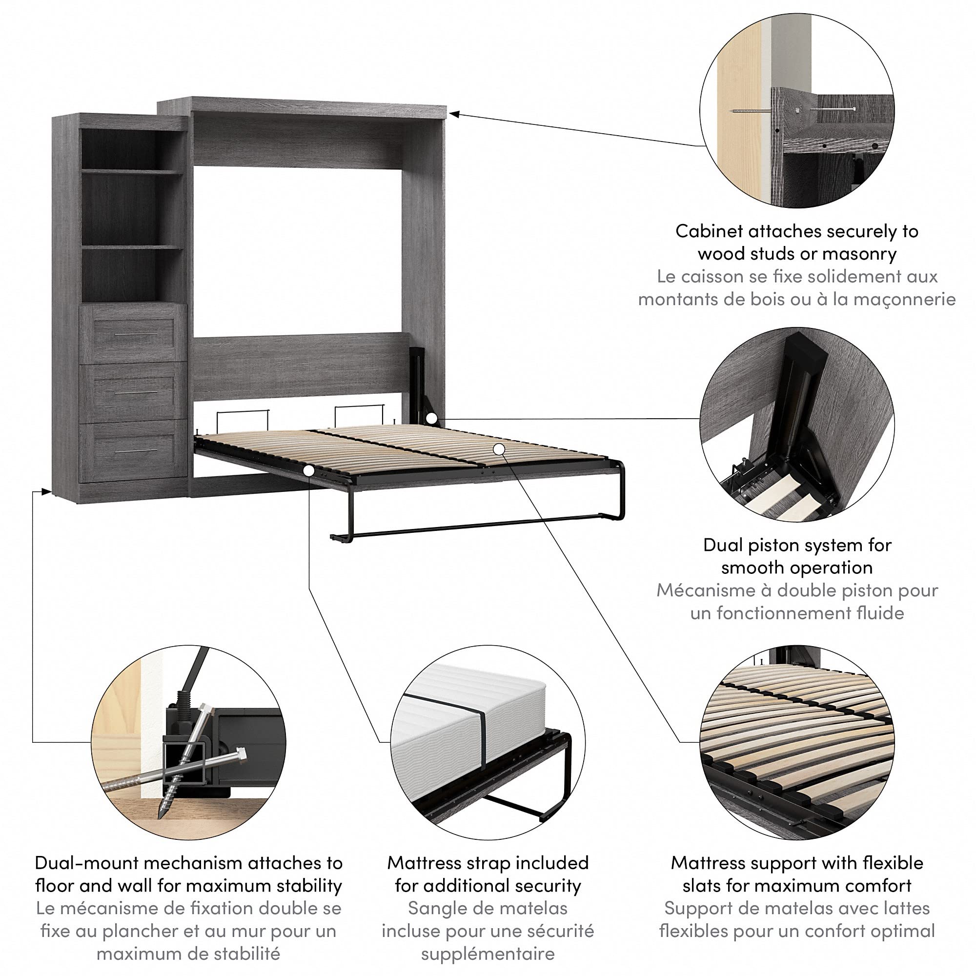 Bestar Pur Queen Murphy Bed and Shelving Unit with Drawers, 90-inch Space-Saving Wall Bed