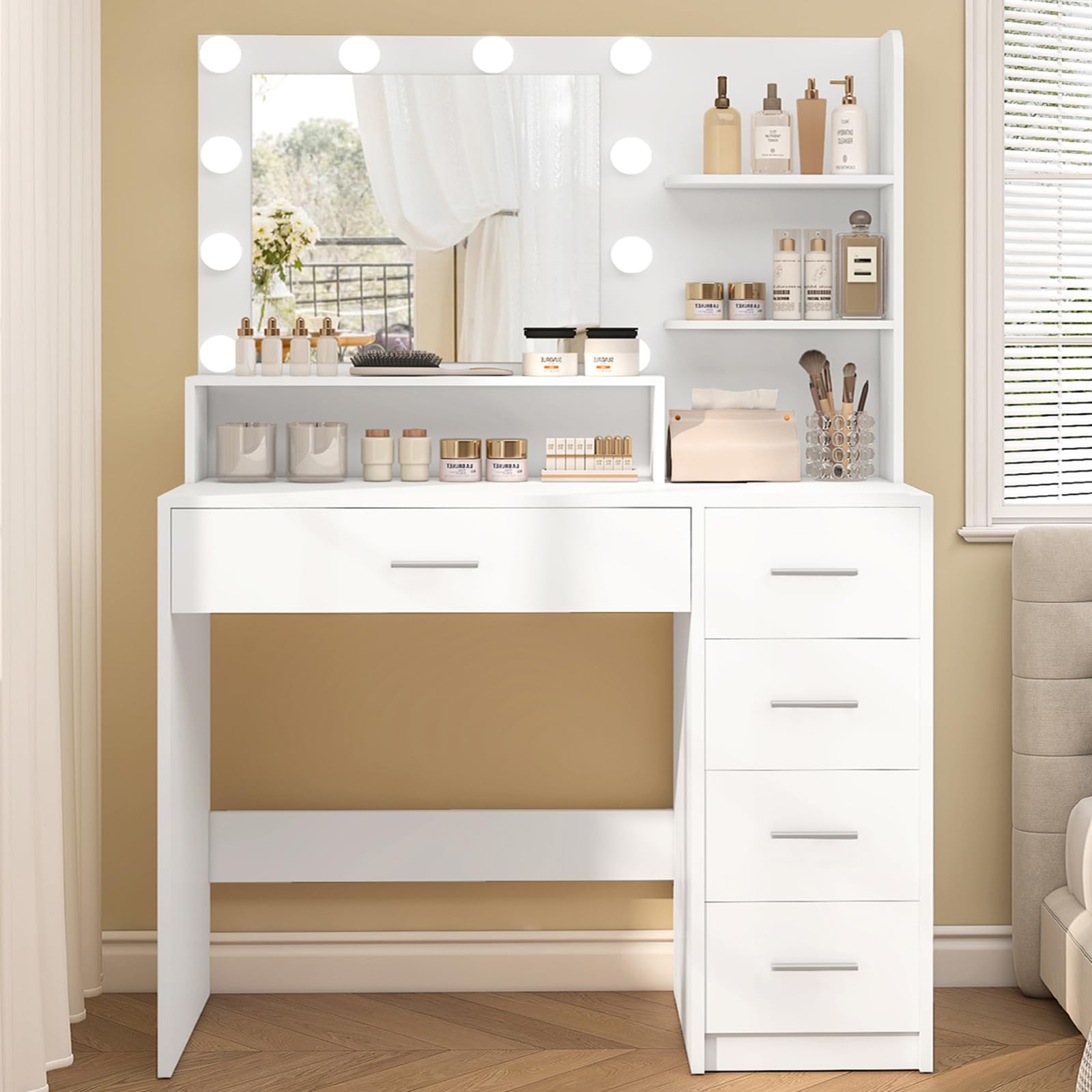 FGNTWP Makeup Vanity Desk with Mirror, 10 Lights, 5 Drawers, 3 Storage Shelves, 3 Color Modes & Adjustable Brightness Dressing Table, 35.4” Desk, White