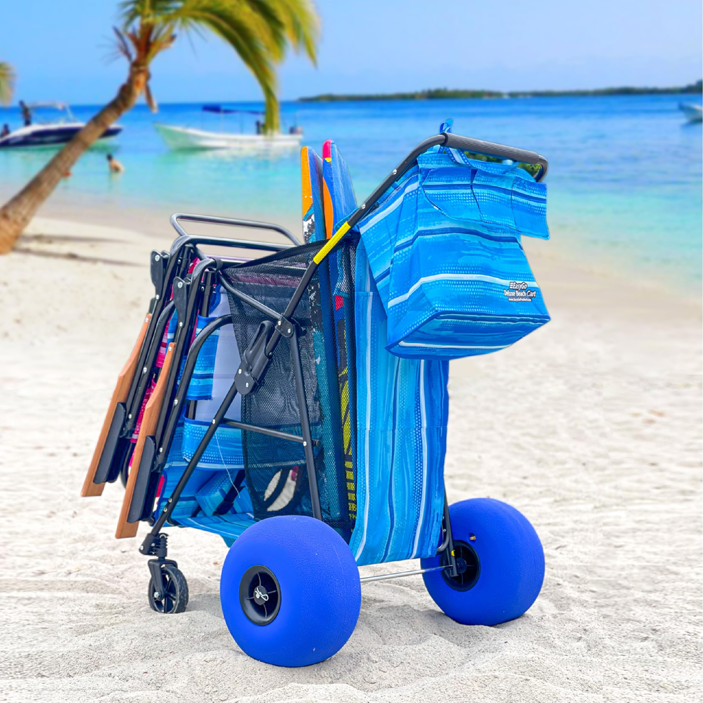 Beach Cart Balloon Wheel Deluxe Heavy Duty Folding Ocean Utility 13β x 7β Sand Wheels Holds 4 Folding Chairs Umbrella Holder Removable Beach Bag Blue Striped Pattern
