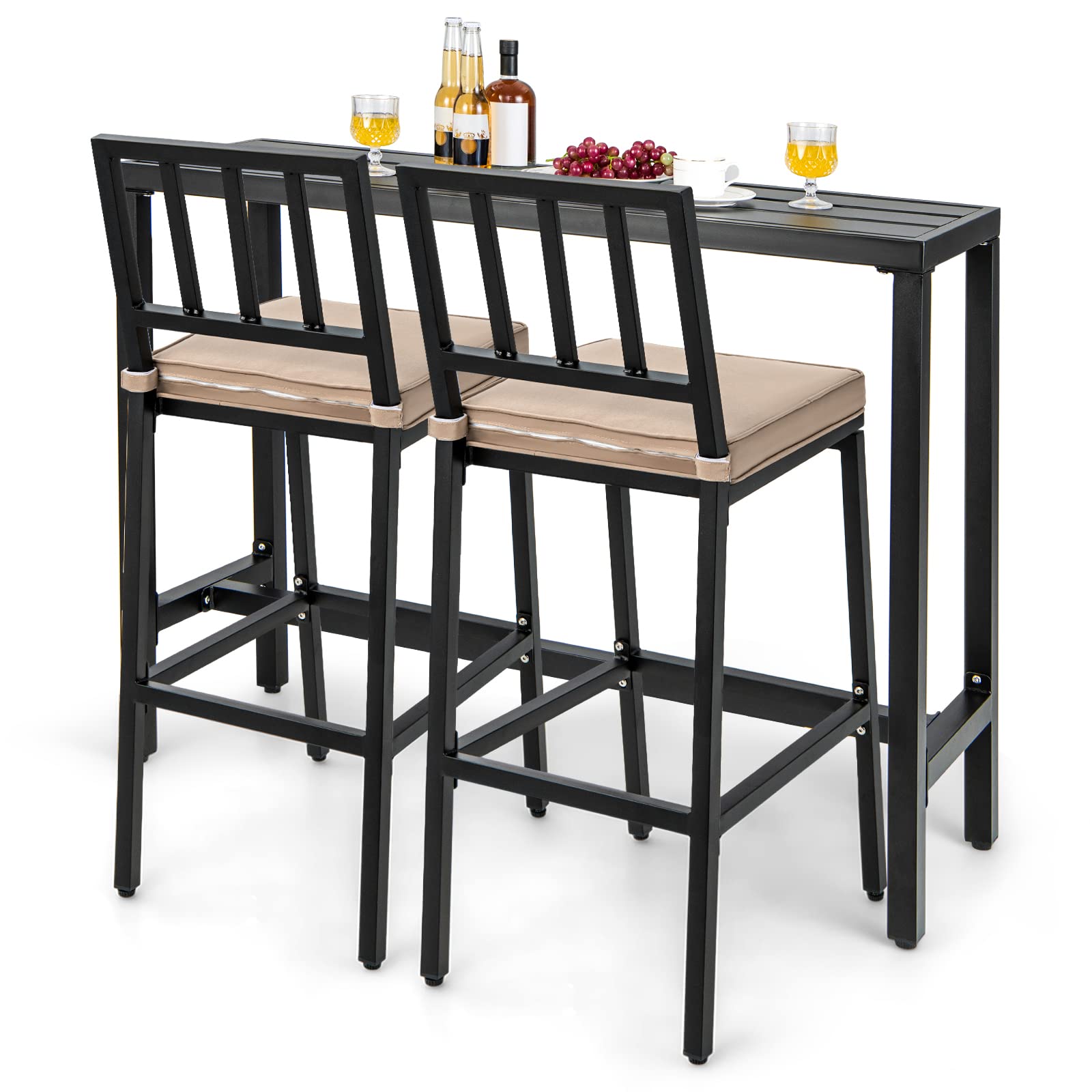 COSTWAY 3 Piece Outdoor Patio Bar Set, 48" Rectangular Pub Height High Top Bar Table with 2 Cushioned Bar Stools, Metal Bar Table and Chairs Set for Balcony, Backyard, Porch