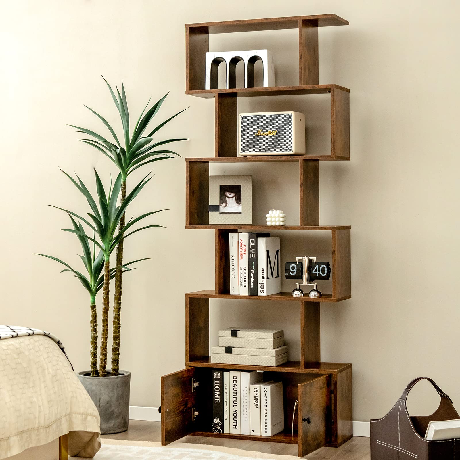 Tangkula S Shaped Bookshelf with Cabinet, 6-Tier Bookcase with Doors, Freestanding Geometric Bookshelves for Living Room, Anti-toppling Device, Home Office Wood Storage Display Shelf (1, Rustic Brown)
