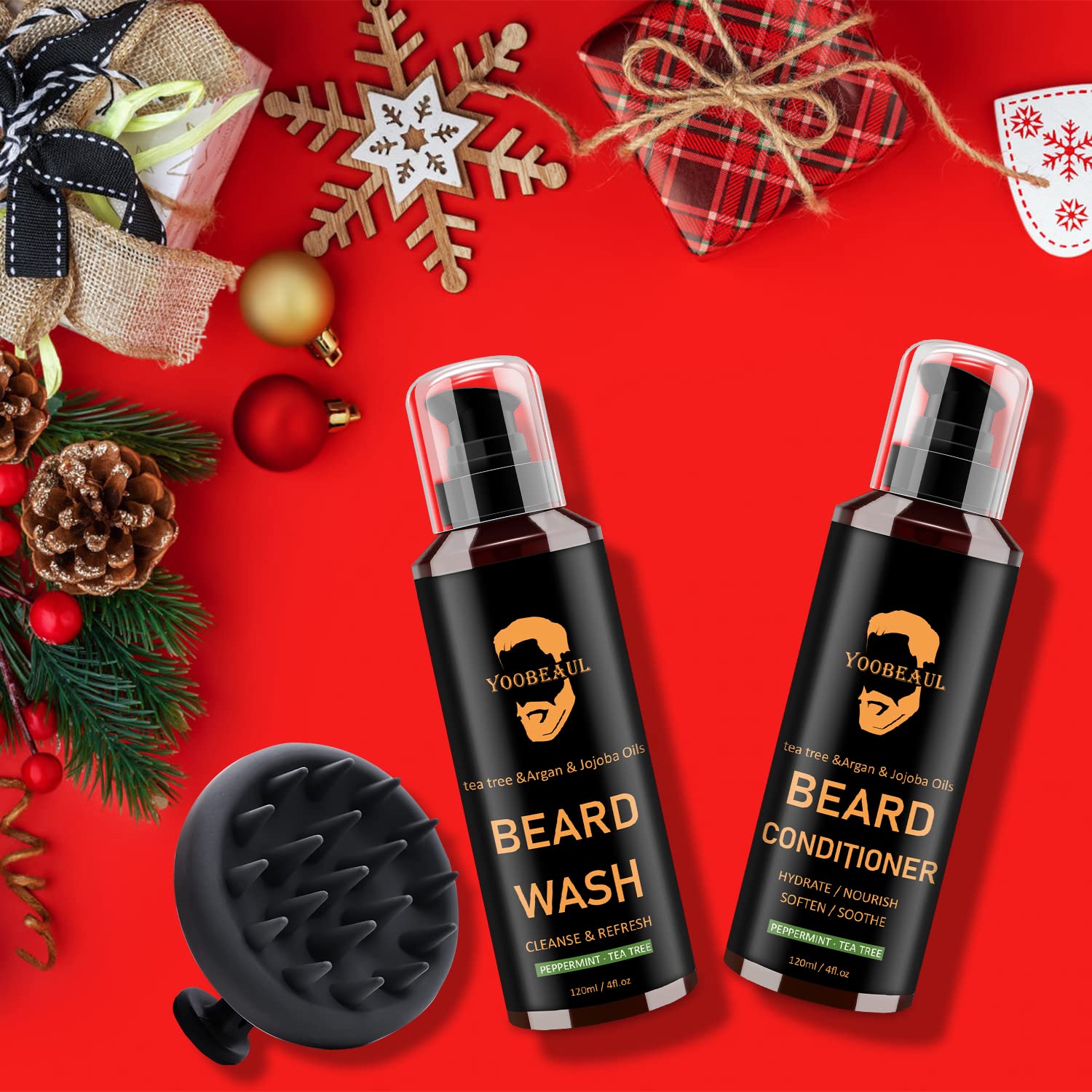 Beard Wash, Beard Conditioner & Beard Brush Set w/Argan & Tea Tree Oils - Natural Mint Tea Tree Scent - Softens & Strengthens, Shine, Reduce Itchy - Scrub, Beard Shampoo w/Beard Oil 2 x 4 Fl Oz 120ML