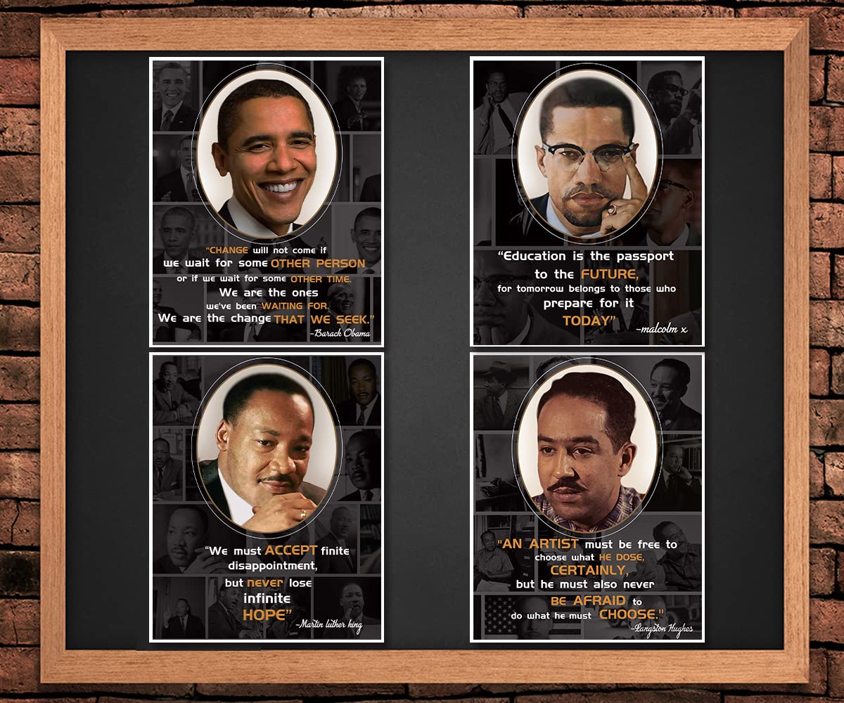 Black history,quote Malcolm X,Martin Luther King,Barack Obama,Nelson Mandela Motivational language, Wall Art Prints classroom Studio Office Decor，set of 4, 8 X10 ins UNFRAMED02
