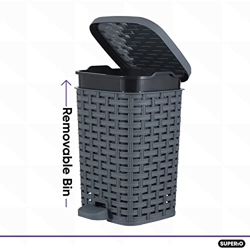Superio Small Square Pedal Trash Can 7.5 Qt. Charcoal Grey - Rattan Style Compact Small Garbage Can with Lid for Small Spaces, Indoor Outdoor