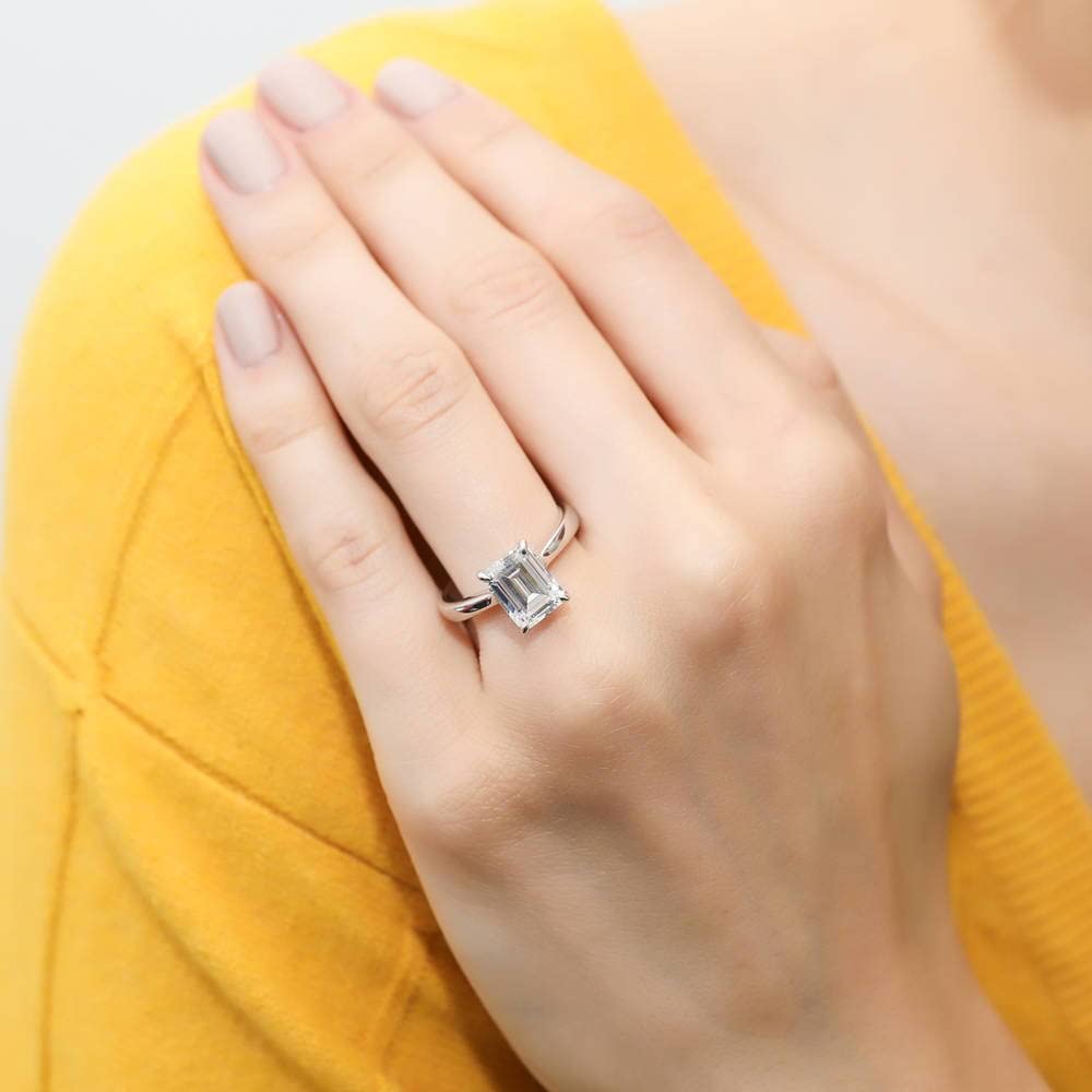 BERRICLE Sterling Silver Solitaire Wedding Engagement Rings 2.6 Carat Emerald Cut Cubic Zirconia CZ Ring Set for Women, Rhodium Plated Size 9