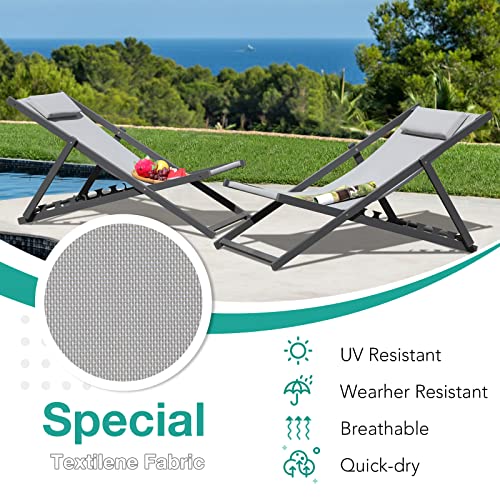 Patiorama Outdoor Folding Beach Sling Chairs Set of 2, Aluminum Patio Lounge Chair, Portable Beach Chairs, Adjustable Reclining Chairs w/Cushioned Headrest for Pool, Dark Grey Frame & Grey Mesh