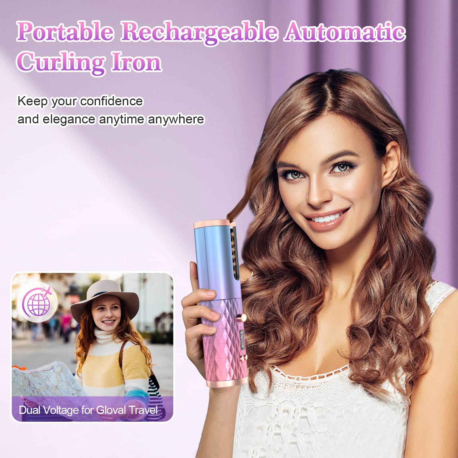 Automatic Curling Iron, Cordless Auto Hair Curler w/ 6 Temp & Timer, Rechargeable Ceramic Hair Curlers, Portable Rotating Curling Wand Styling Tool, Fast-Heating, Auto Shut Off