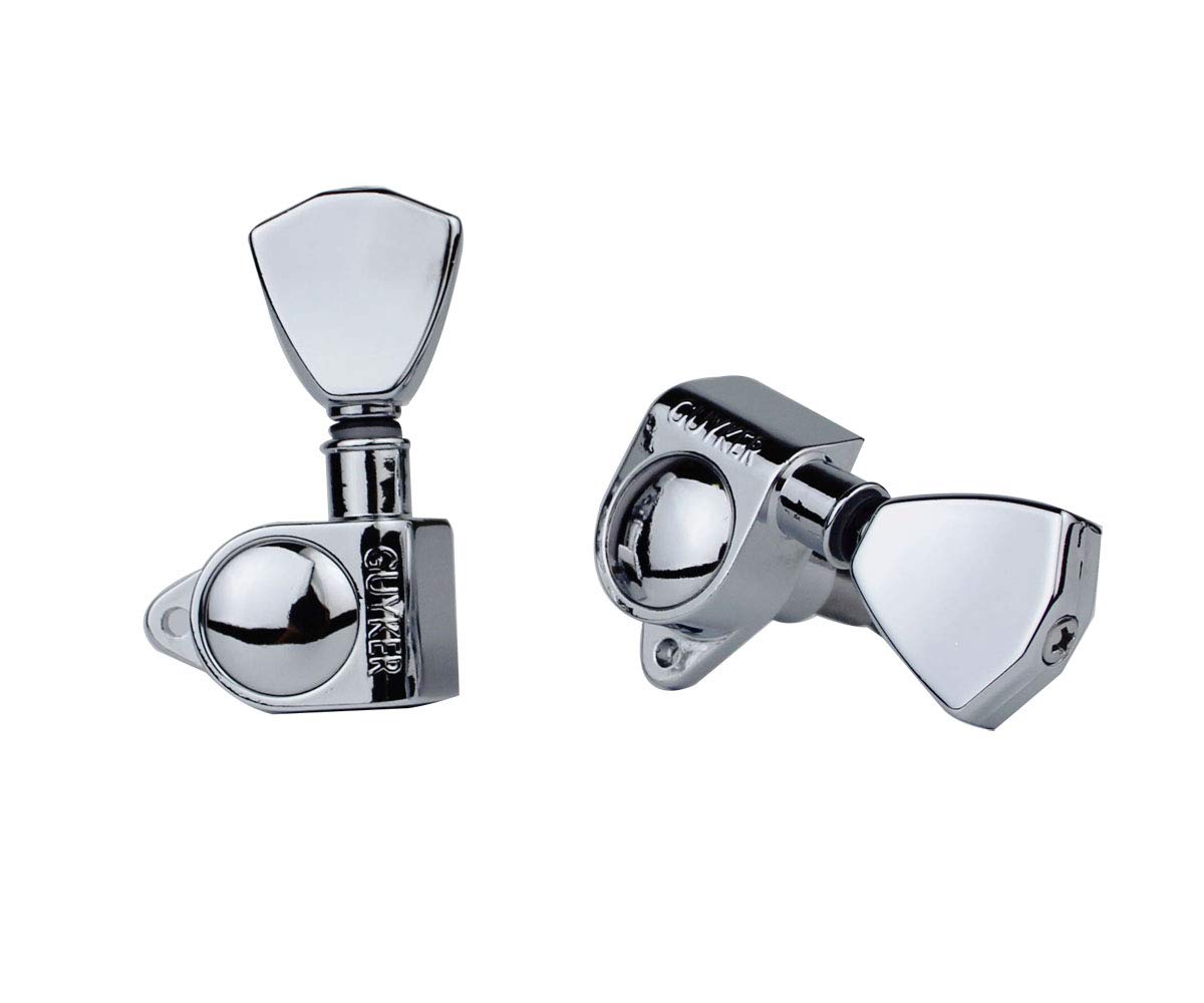 Guyker Guitar Machine Heads (3L + 3R Handed) β 1:21 Sealed Tuners Tuning Key Pegs with Trapezium Button Replacement for Electric, Folk or Acoustic Guitars β Chrome, GK104