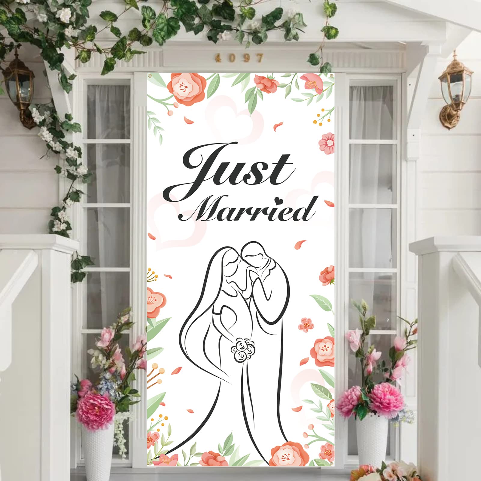DPKOW Pink White Just Married Banner (6x3 feet) - Premium Wedding Engagement Party Decoration, Bridal Shower Door Cover, Romantic Rose Design, Tear Resistant, Reusable