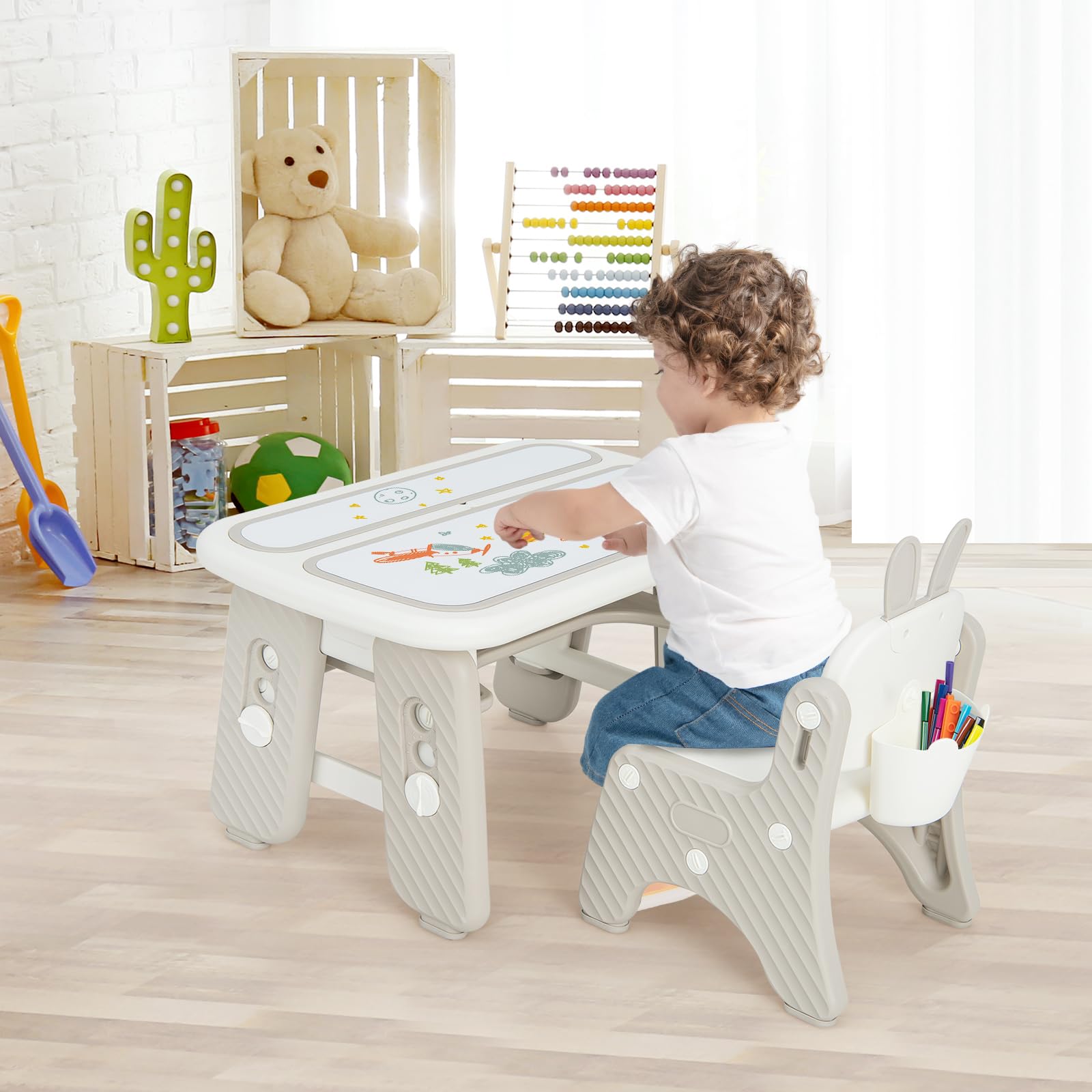 Costzon Kids Table and Chair Set, Graffiti Activity Table w/Flip-Top Tabletop Bookshelf, Erasable Magnetic Drawing Board, Storage, Adjustable Height for Drawing, Toddlers Art Table & Chair (Gray)