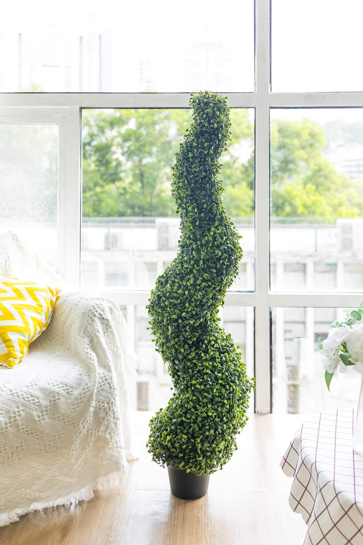 Azoco 4ft Topiary Trees Artificial Outdoor 2 Pack Spiral Boxwood Potted Plants for Home Office Front Porch Indoor Decor Set of 2