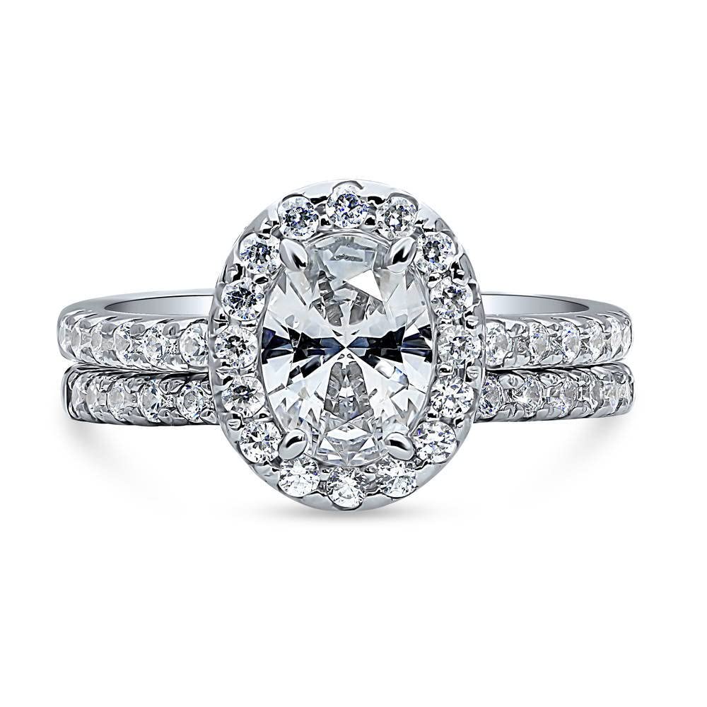 BERRICLE Sterling Silver Halo Wedding Engagement Rings Oval Cut Cubic Zirconia CZ Ring Set for Women, Rhodium Plated Size 5.5