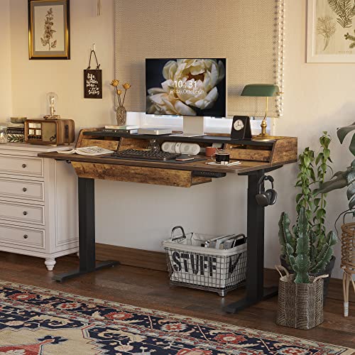 FEZIBO Electric Standing Desk, 55 x 24 Inches Height Adjustable Table, Ergonomic Home Office Furniture with 3 Drawers, Black Frame/Rustic Brown Top
