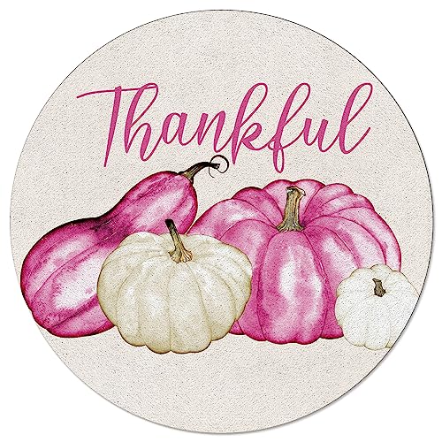 Large Round Area Rug for Living Room Bedroom, 3ft Non-Slip Rugs for Kids Room, Pink White Pumpkins Fall Thanksgiving Washable Carpet Floor Mat for Home Nursery Room Decor