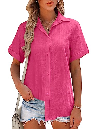 HOTOUCH Linen Shirt Women Pink Button up Shirt Oversized Button Down for Women Business Attire Watermelon Pink L