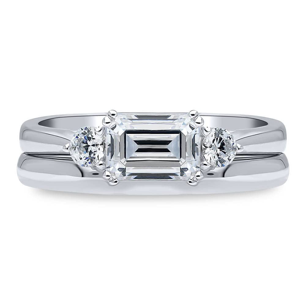 BERRICLE Sterling Silver 3-Stone Wedding Engagement Rings Emerald Cut Cubic Zirconia CZ East-West Ring Set for Women, Rhodium Plated Size 4.5