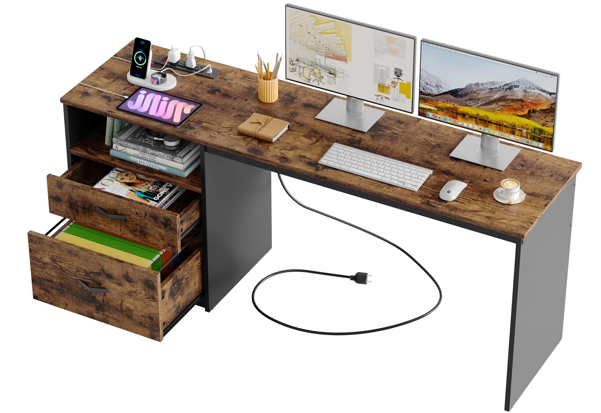 Bestier 60 inch Home Office Desk with Power Outlets, Computer Desk with Drawers, Reversible Desk with File Drawer, Adjustable Height Desk with Storage for Home Office, Brown