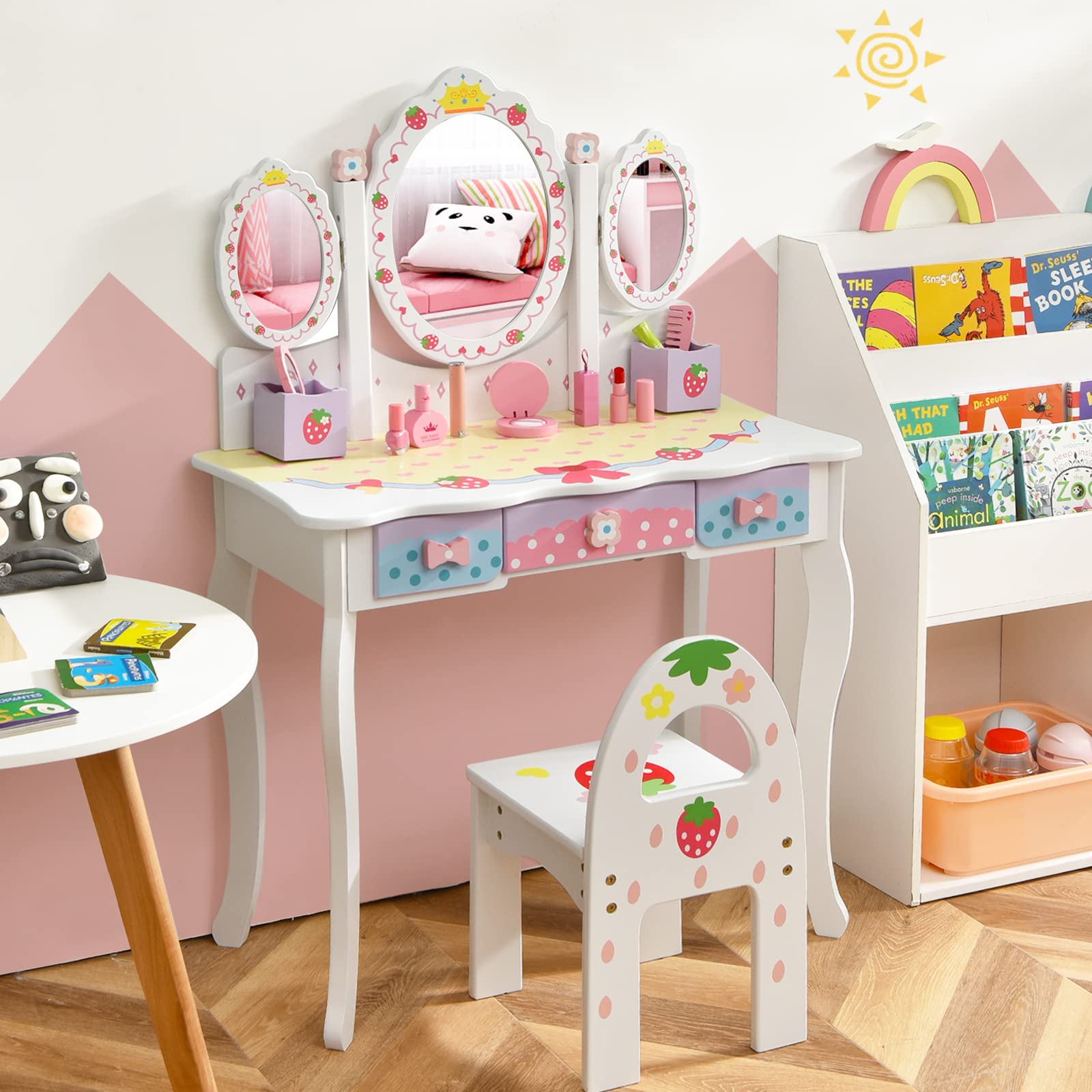 Costzon Kids Vanity Set with Mirror, 2 in 1 Princess Makeup Dressing Table w/Detachable Top, Toddler Vanity w/Drawers, Accessories, Pretend Play Vanity Table & Chair Set for Little Girls, White