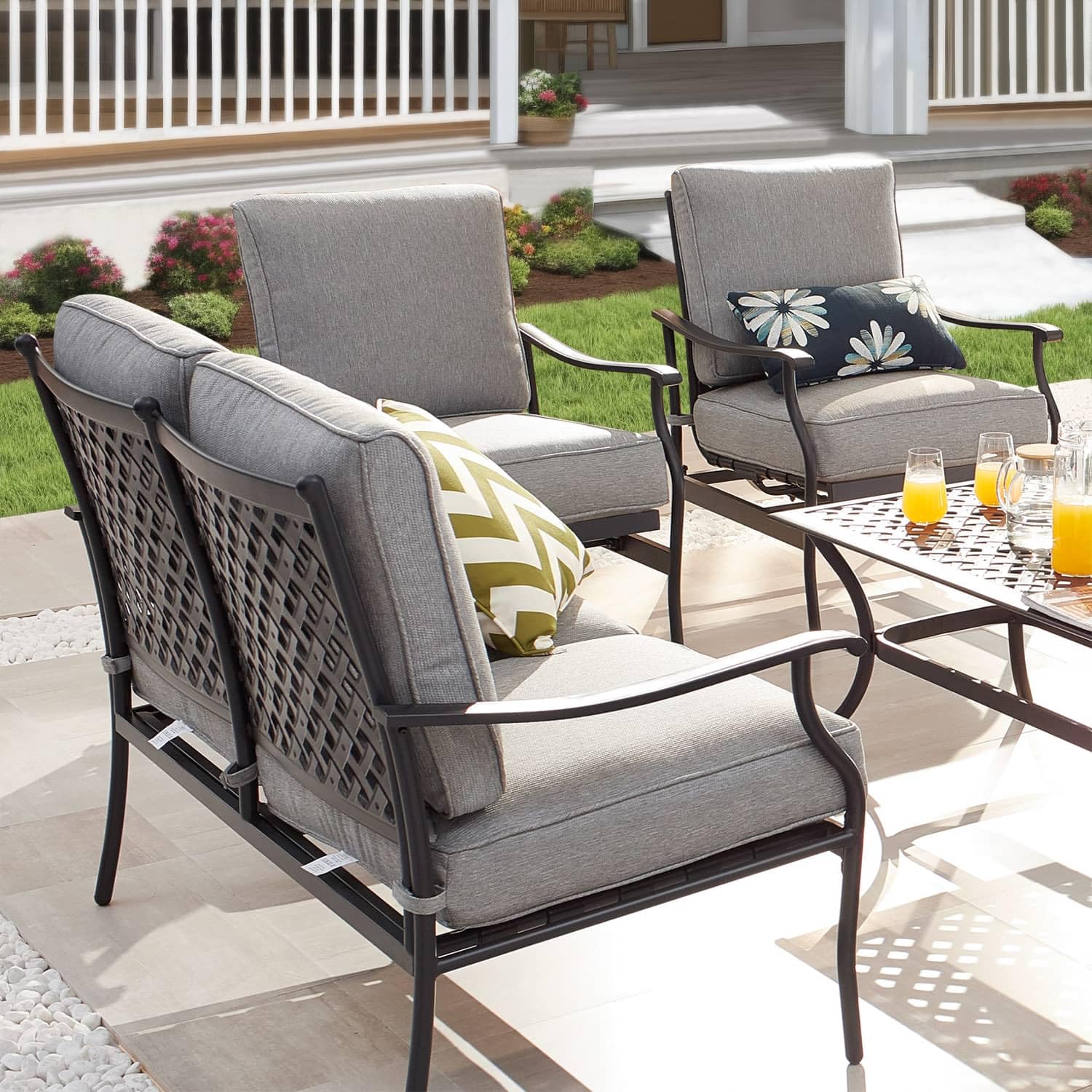 PatioFestival Patio Conversation Set 4-Piece Cushioned Outdoor Furniture Sets with All Weather Frame for Porch Backyard Lawn(Grey)