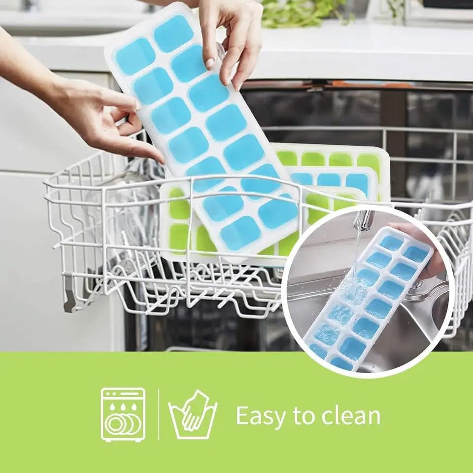 ARC Silicone Ice Cube Trays Freezer 1 TRAY, Easy-Release, Dishwasher safe, Flexible 14-Ice Cube Trays with Spill-Resistant Lid, LFGB Certified and BPA Free, Reusable, Stackable with Covers (Blue)