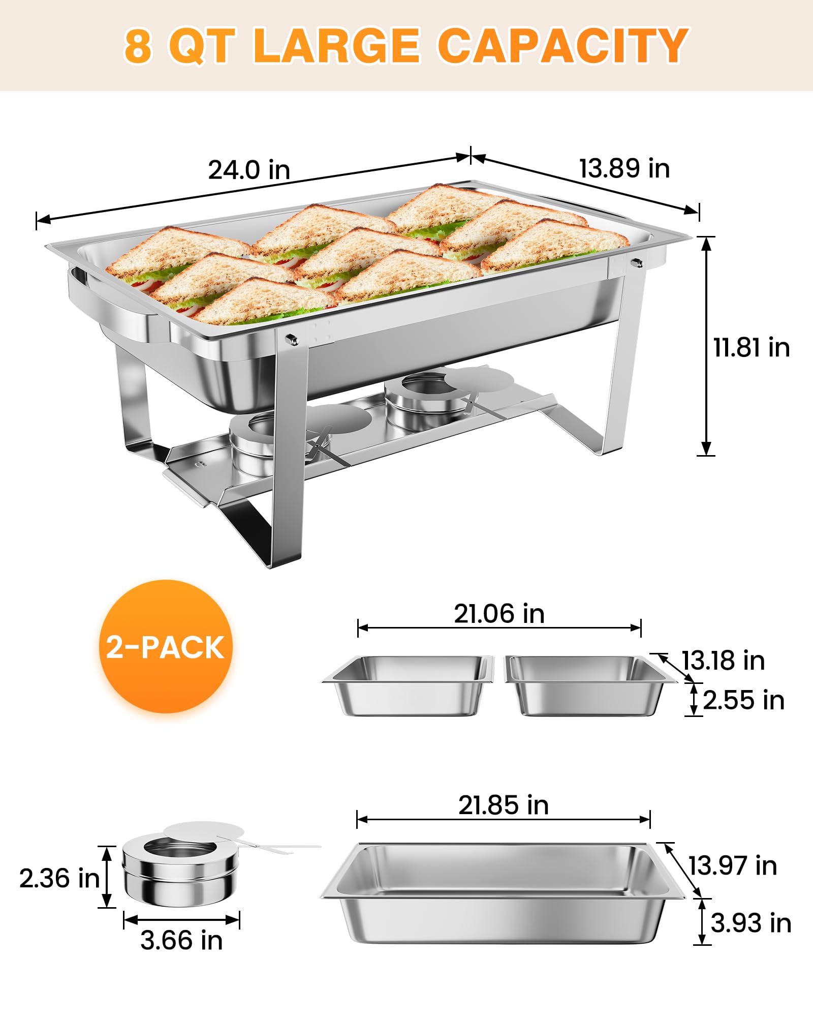 Takywep Chafing Dish Buffet Set 2 Pack, 8 QT Stainless Steel Chafer Buffet Food Servers and Warmers Set with Water Pan for Weddings, Parties, Banquets, and Catering