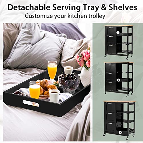 GOFLAME Kitchen Island Cart on Wheels with Storage, Versatile Rolling Cart with Wood Countertop, 3 Drawers, Removable Tray & Lockable Casters, Mobile Serving Trolley for Kitchen, Dining Room, Black