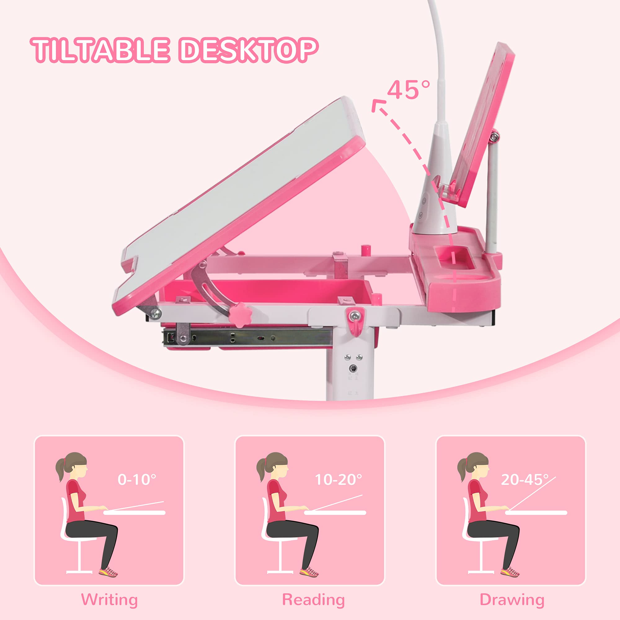 Qaba Kids Desk and Chair Set, Height Adjustable School Study Table and Chair, Student Writing Desk with Tilt Desktop, LED Light, Pen Box, Drawer, Reading Board, Cup Holder, and Pen Slots, Pink