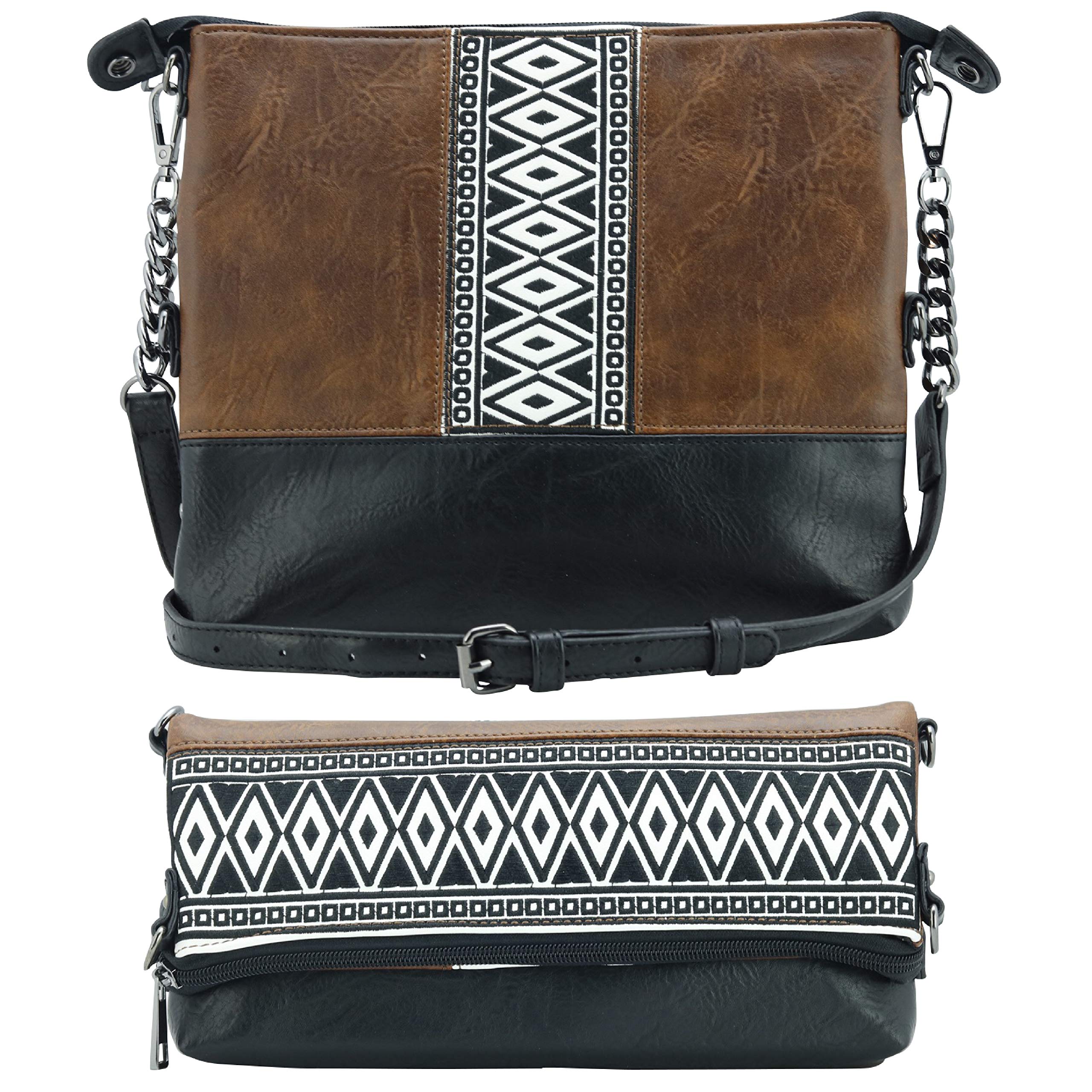 K&Bo Juniper Womenâs Chain Crossbody Handbag Purse Brown, Boho Embroidered Medium, Converts to Clutch Bag, Lightweight