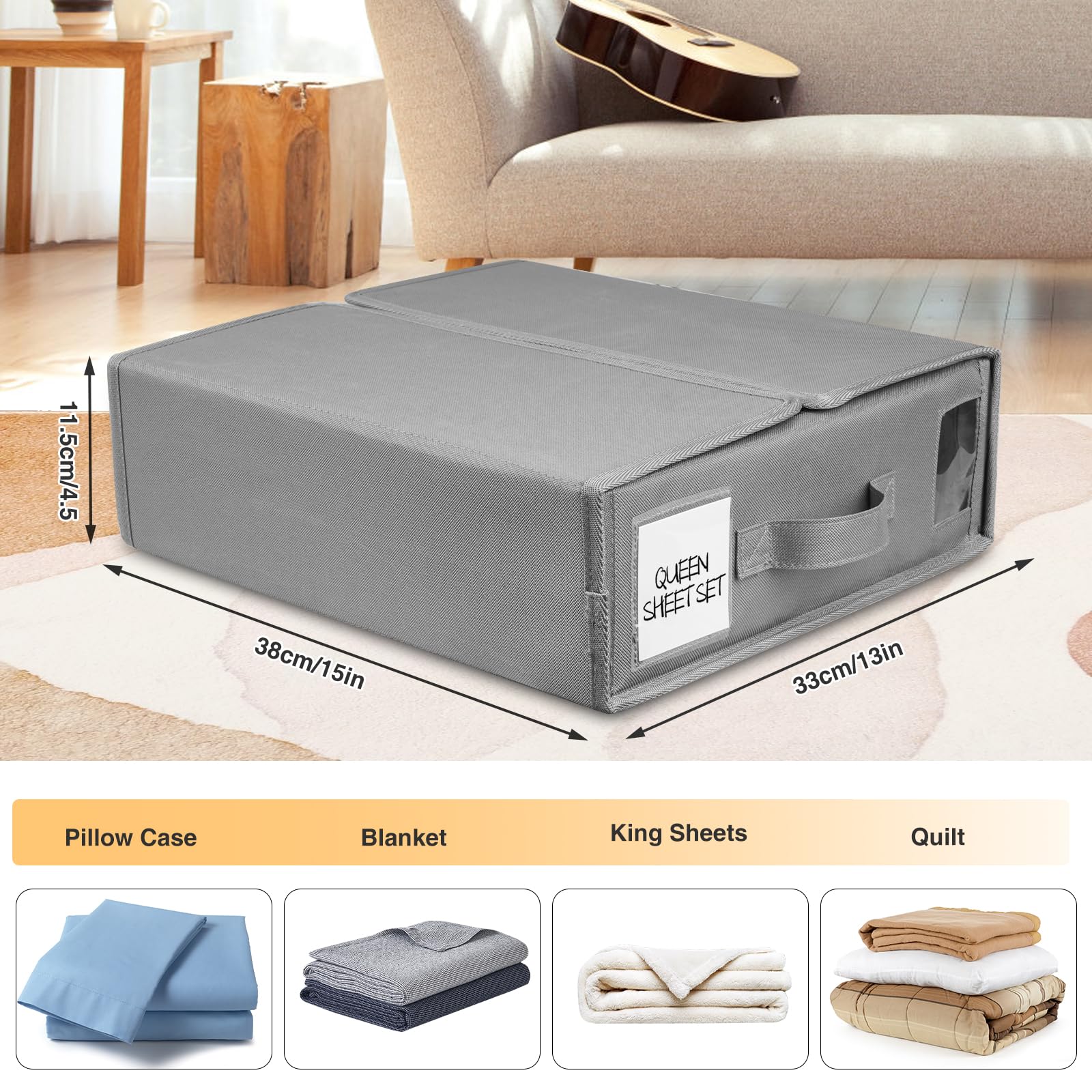 BIKTIC Foldable Bed Sheet Set Organizer,2-Pack with Zipper for Queen or King Sheets, Duvet Covers, and Pillowcases, Linen Closet Organizer for Bedding Clothes Towels