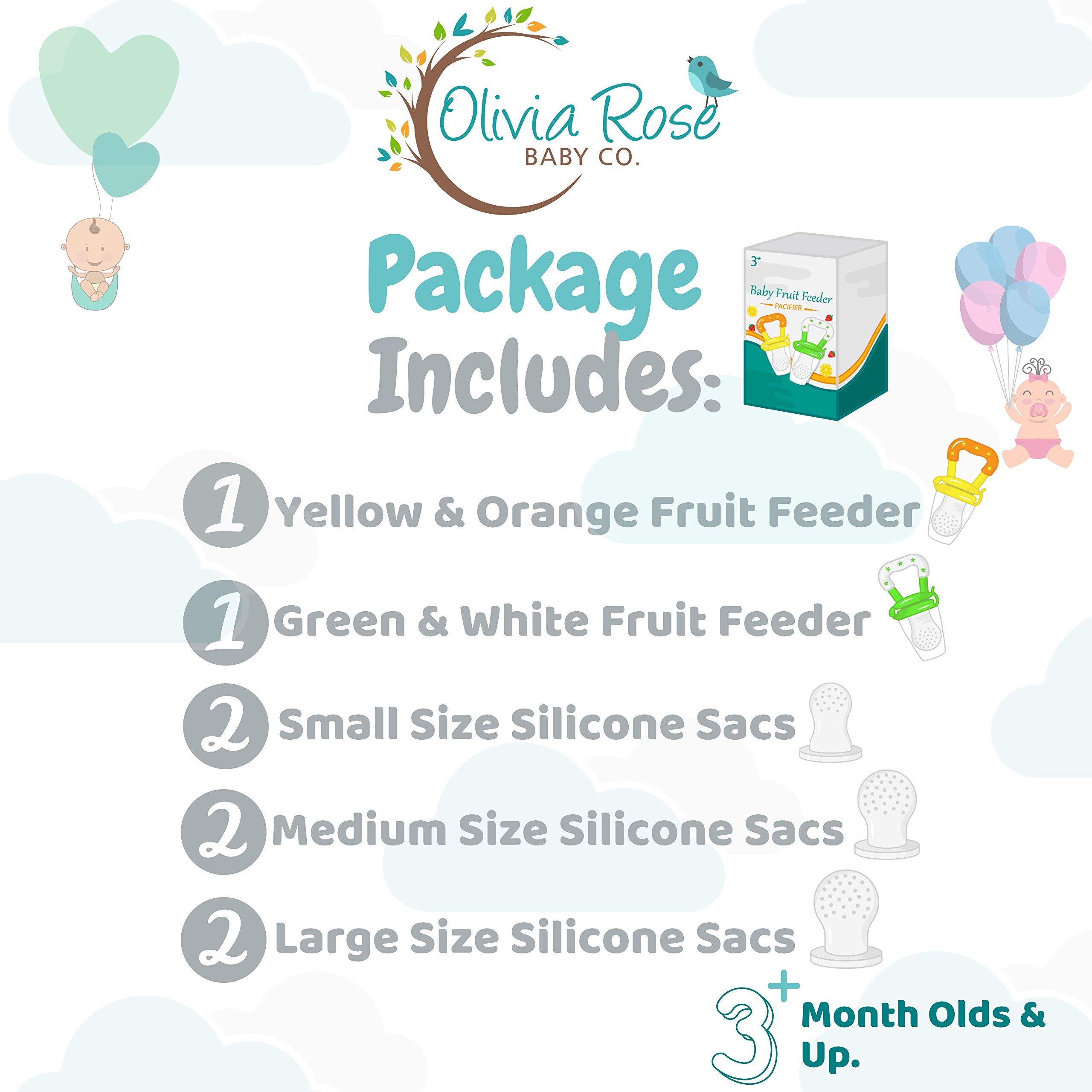 Baby Fruit Feeder Pacifier (2 Pack), Fresh Food Feeding Teether for Toddler, BPA Free, Soothing Gum Relief, Infant Silicone Teething Toy, Includes All The Sizes of The Silicone Nipple Pouches