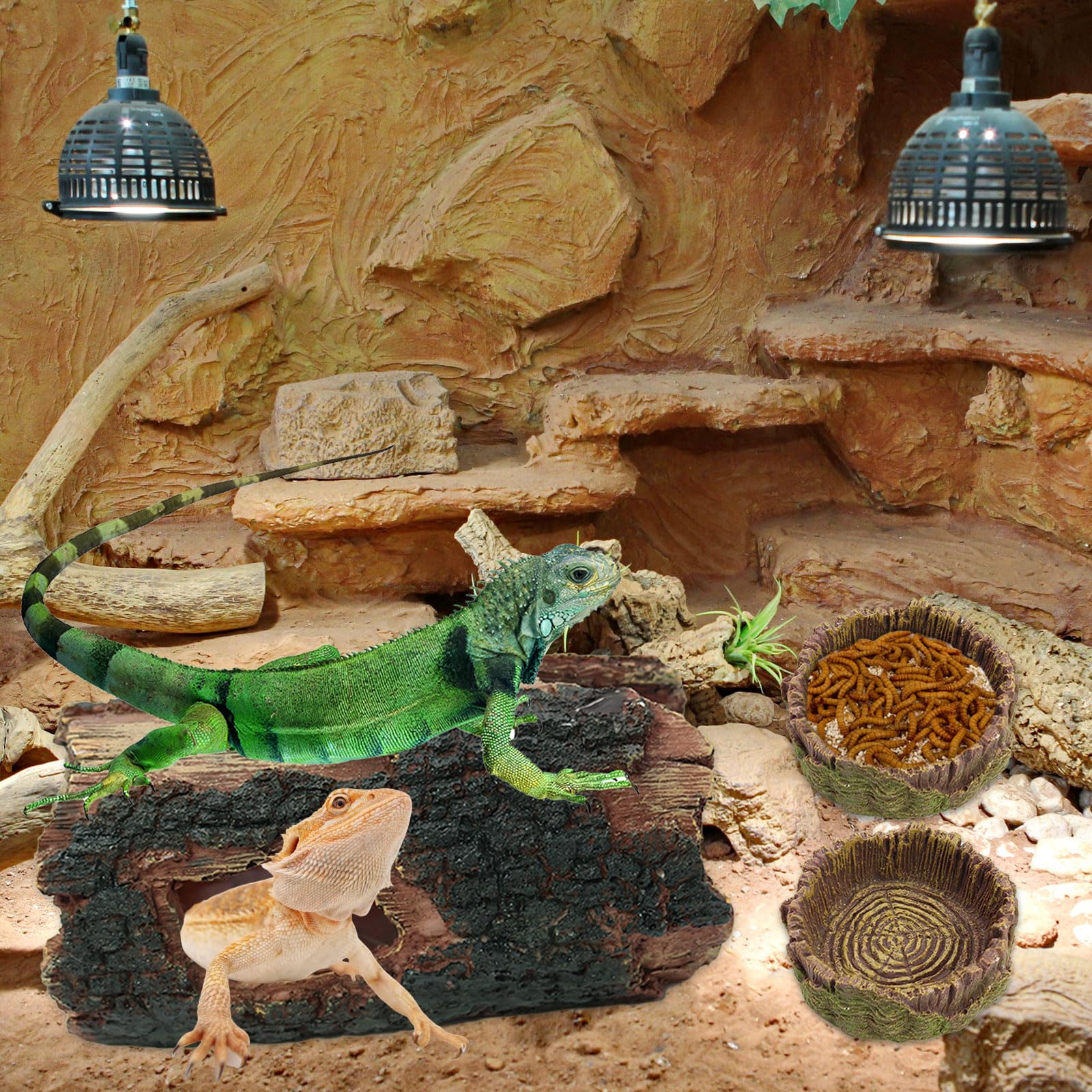 Dexspoeny 3Pcs Reptile Hide Cave Small Lizard Reptile Food&Water Bearded Dragon Bowls Accessories,Natural Resin Hollow Tree Trunk Hideout,Hermit Crab Supplies Trunk Snake Gecko Frogs Fish Tanks Decor