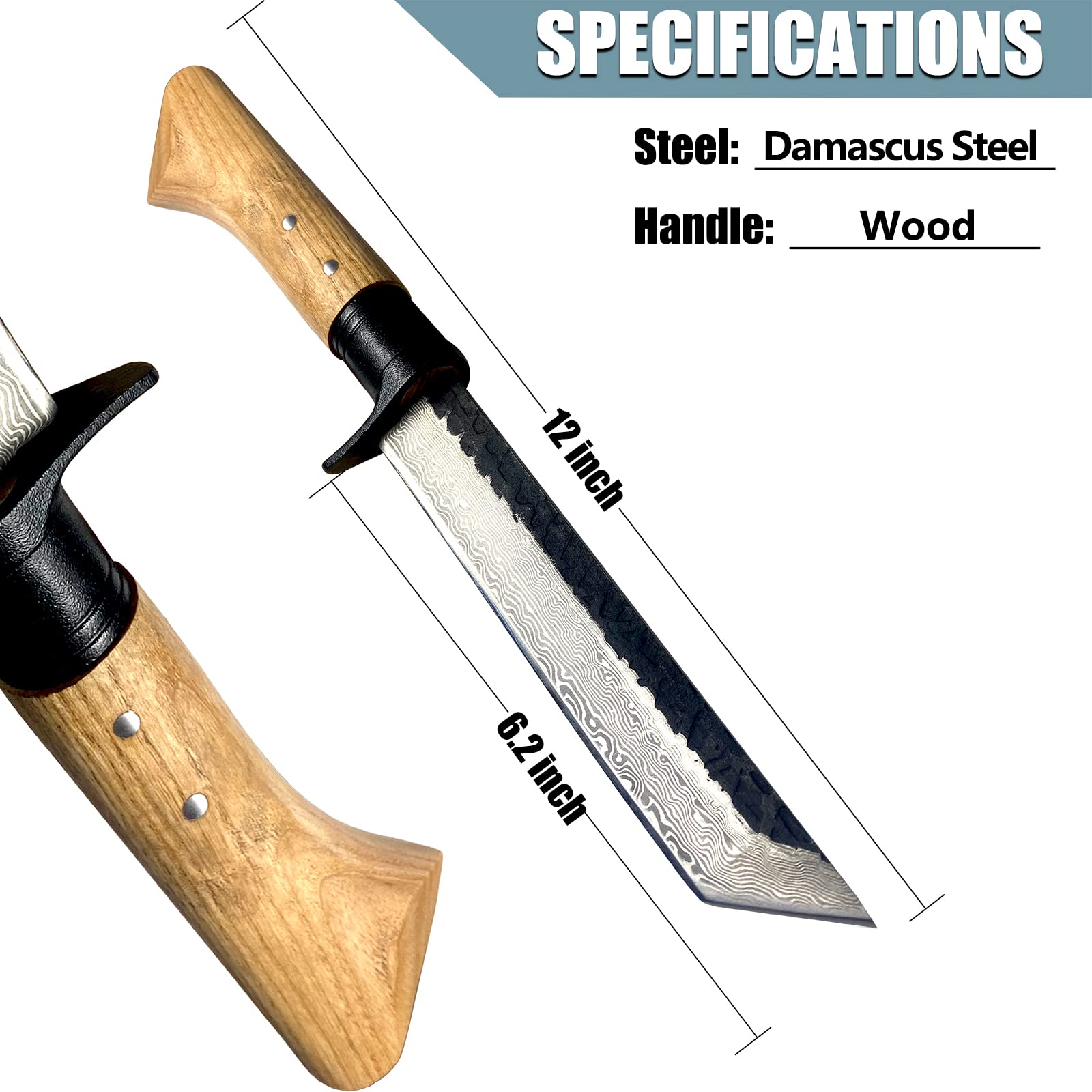 AULAKNIV Damascus Tanto Fixed Blade Hunting Knife with Wooden Sheath, Japanese Camping Survival Knives with Wooden Handle