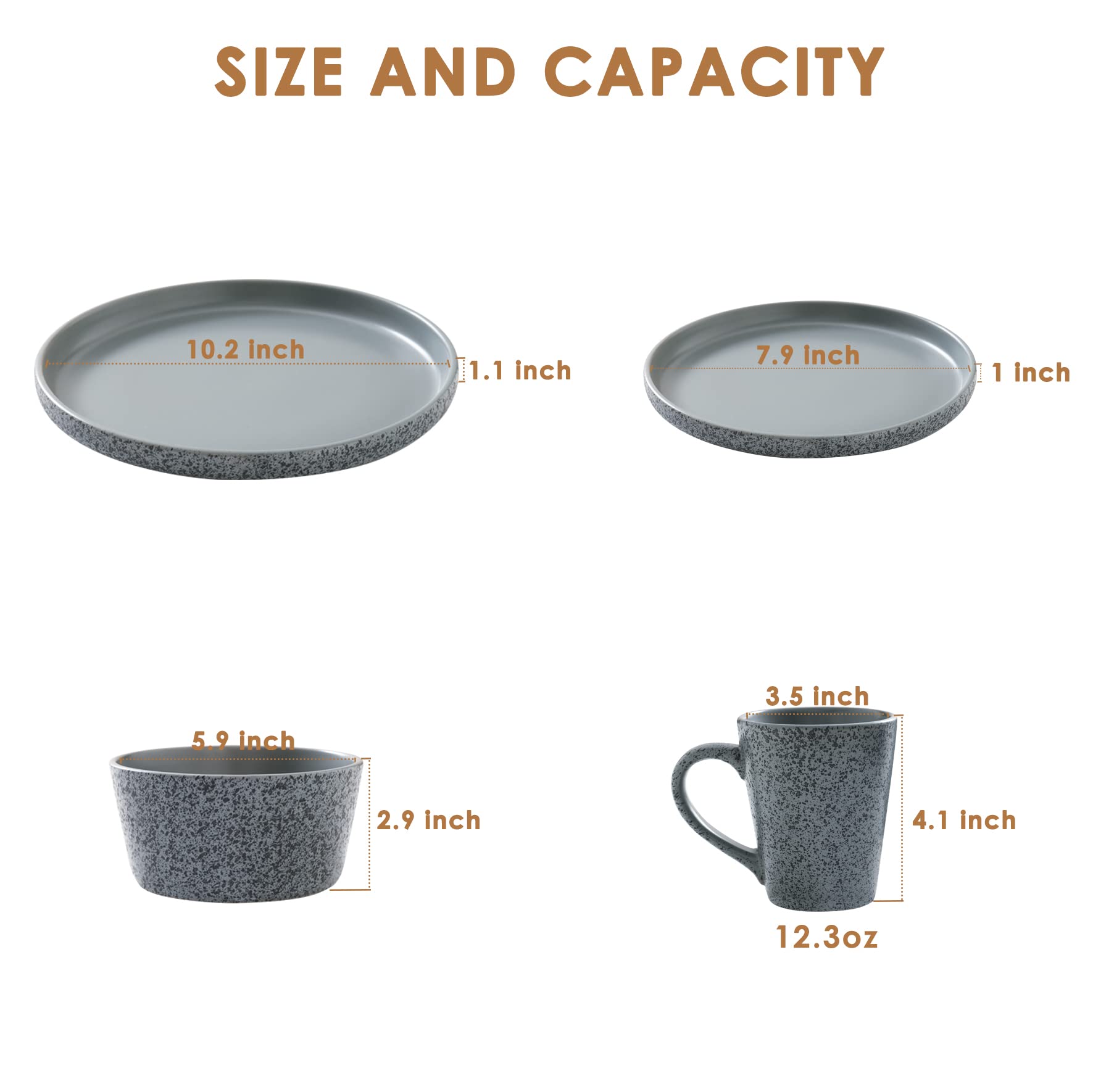 Bestone 16 Piece Round Kitchen Dinnerware Set,Plates and Bowls sets,Dishes, Plates, Bowls, Mugs, Dish Set,Plates and Bowls,Service for 4, Stoneware (round, grey matte)