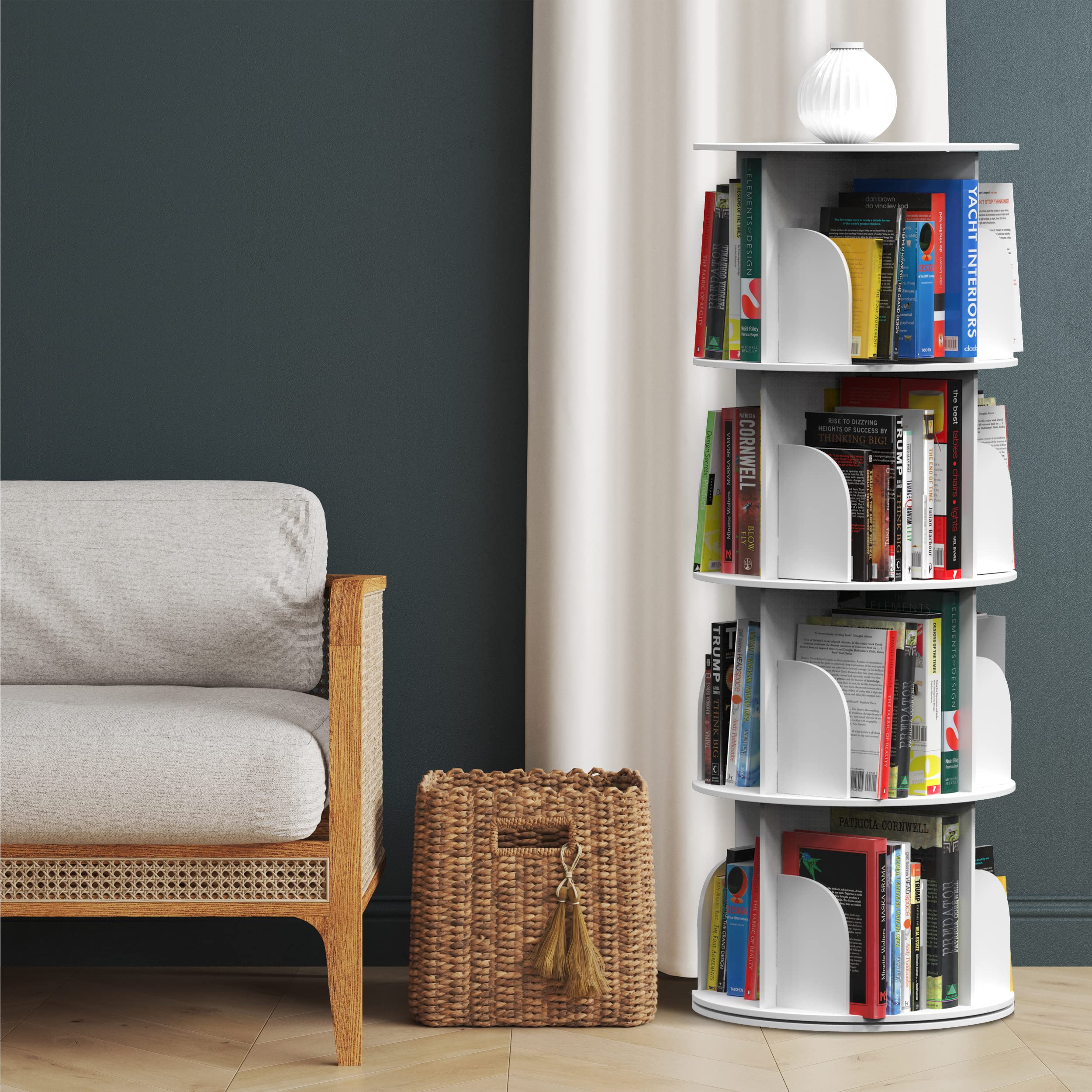 Rotating Bookshelf, Revolving Bookcase, Spinning Book Shelf, 4 Tier, 18.2β W x 50.6β H, White, Wood, 360 Degrees Bookshelves, Floor Stand, Rotation Display Tower, Stackable, Round, for Kids, Children