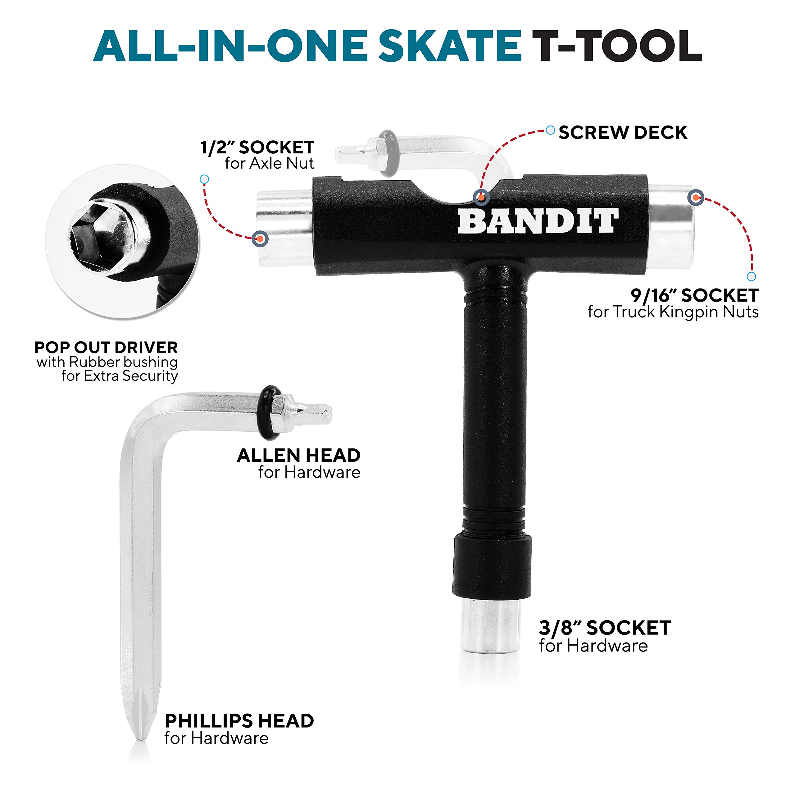 Bandit Skate Co. Skateboard Wheels 52mm, ABEC 9 Skateboard Bearings, Skateboard Tool