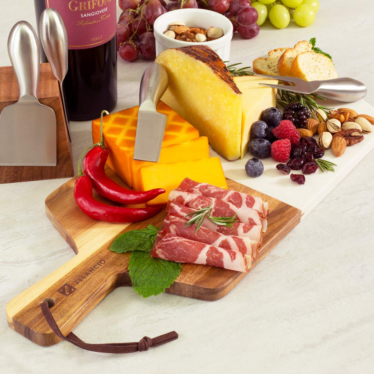 Zelancio Marble and Acacia Wooden Serving Cheese Board, 6 Piece Set Includes Stainless Steel Cheese Tools, Serving Paddle, Wood Cheese Knife Holder with Integrated Magnets